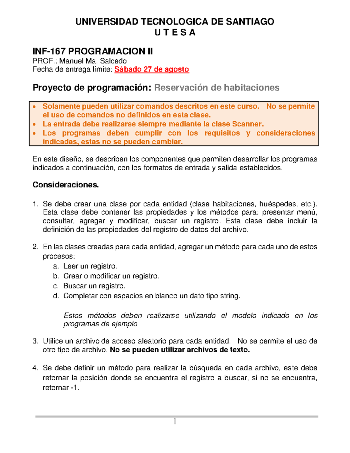 Programaci Ã³n II Proyecto - 1 UNIVERSIDAD TECNOLOGICA DE SANTIAGO U T ...