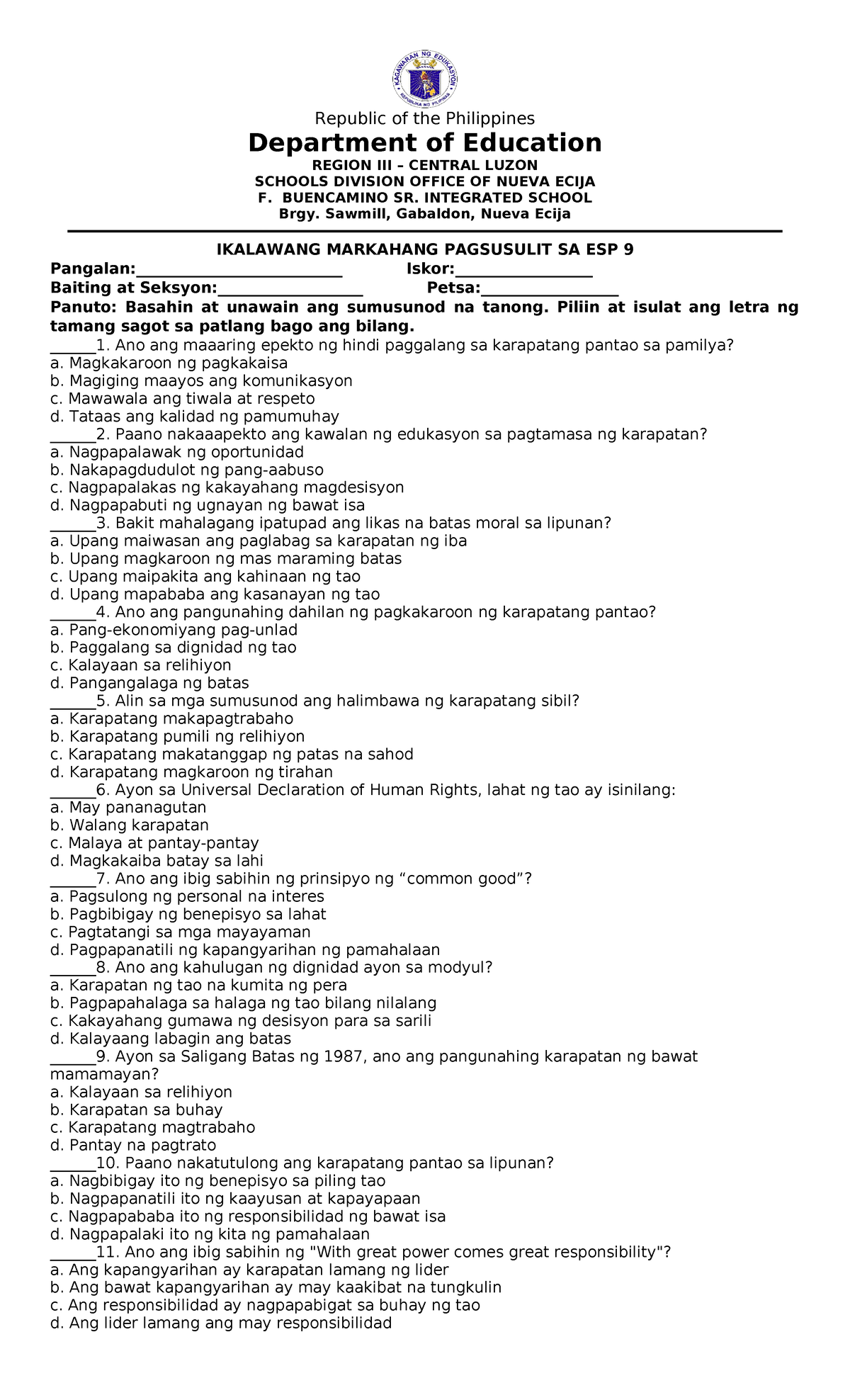 Q2 Exam ESP 9 - Q2 Exam ESP 9 - Republic of the Philippines Department ...