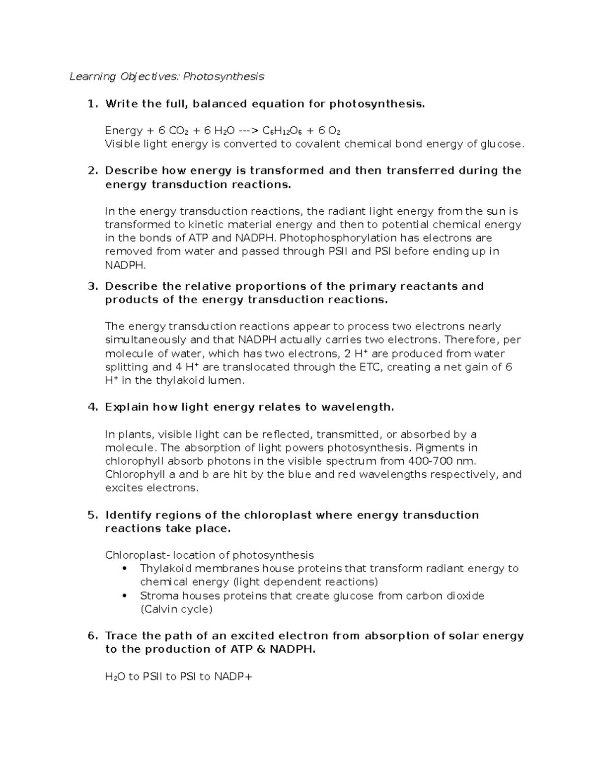 Learning Objectives Photosynthesis and Cellular Respiration - BIO 311C ...