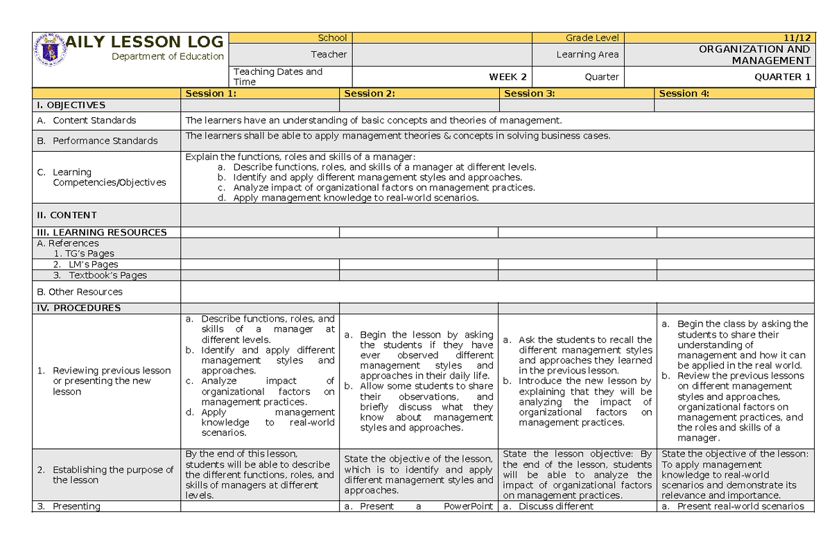 OM-Q1-WEEK2 - Happy - DAILY LESSON LOG Department of Education School ...