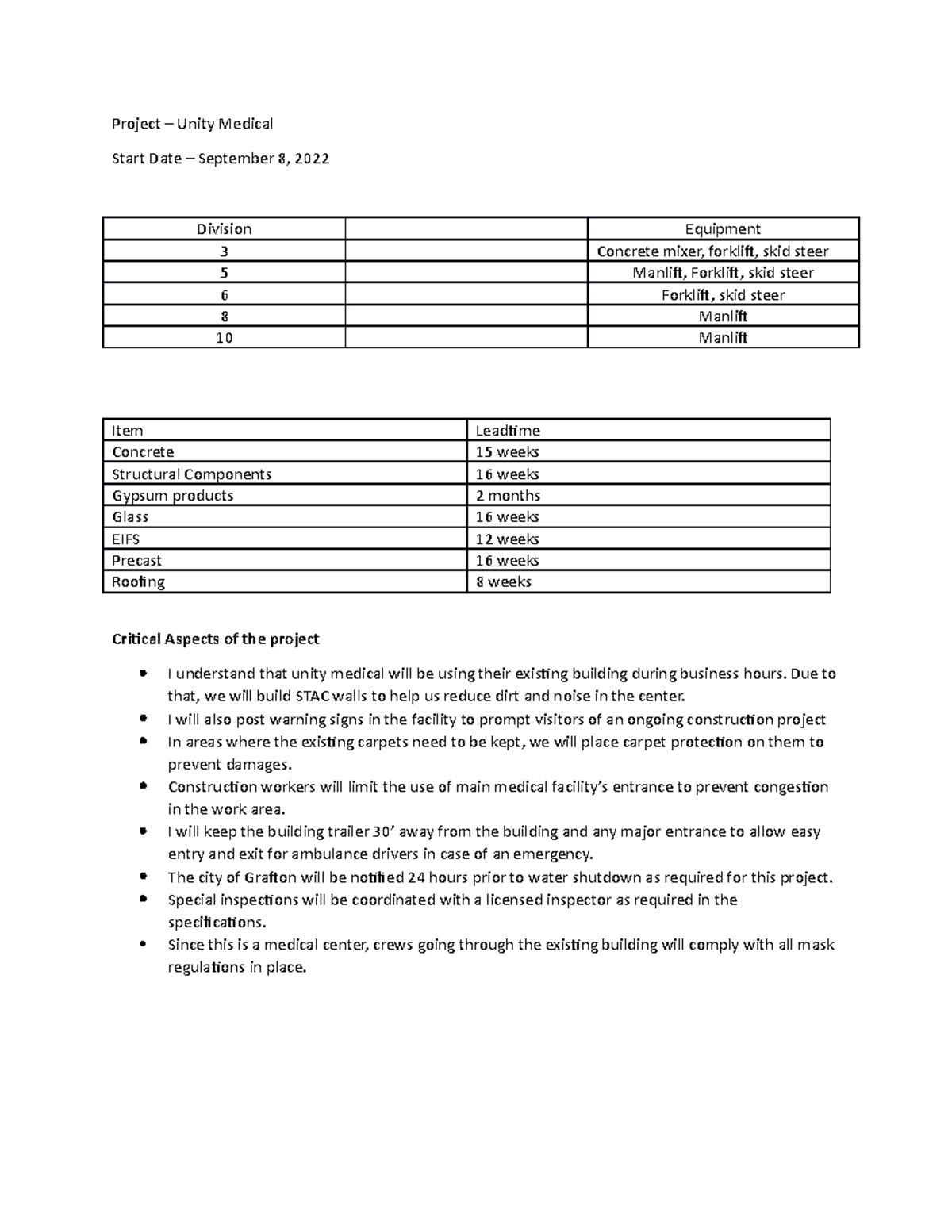 Pre Job Planning - Assignment and Notes - Project – Unity Medical Start ...