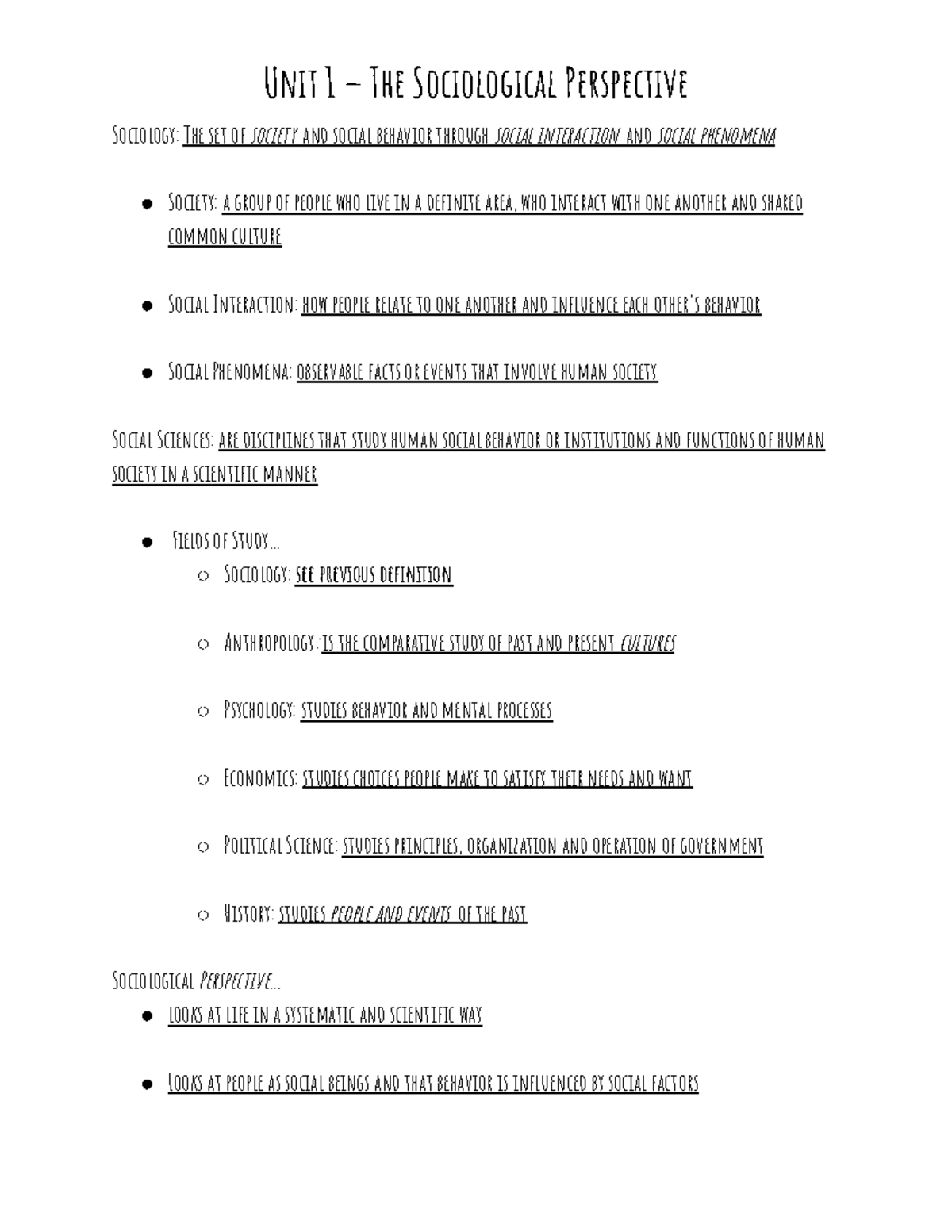 UNIT 1 notes - Sociology: The set of society and social behavior ...