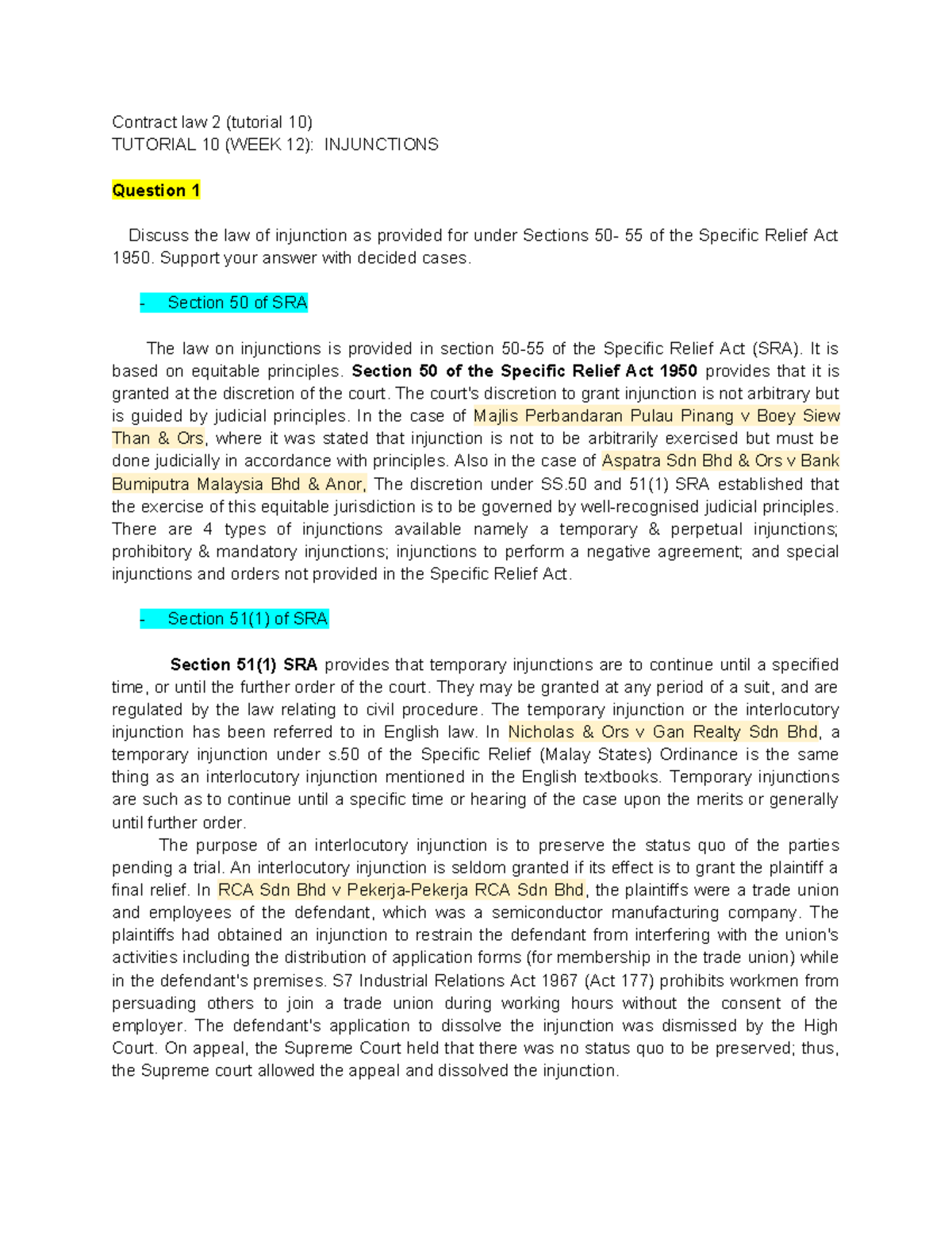 Contract law 2 (tutorial 10) - Contract law 2 (tutorial 10) TUTORIAL 10 (WEEK 12): INJUNCTIONS ...