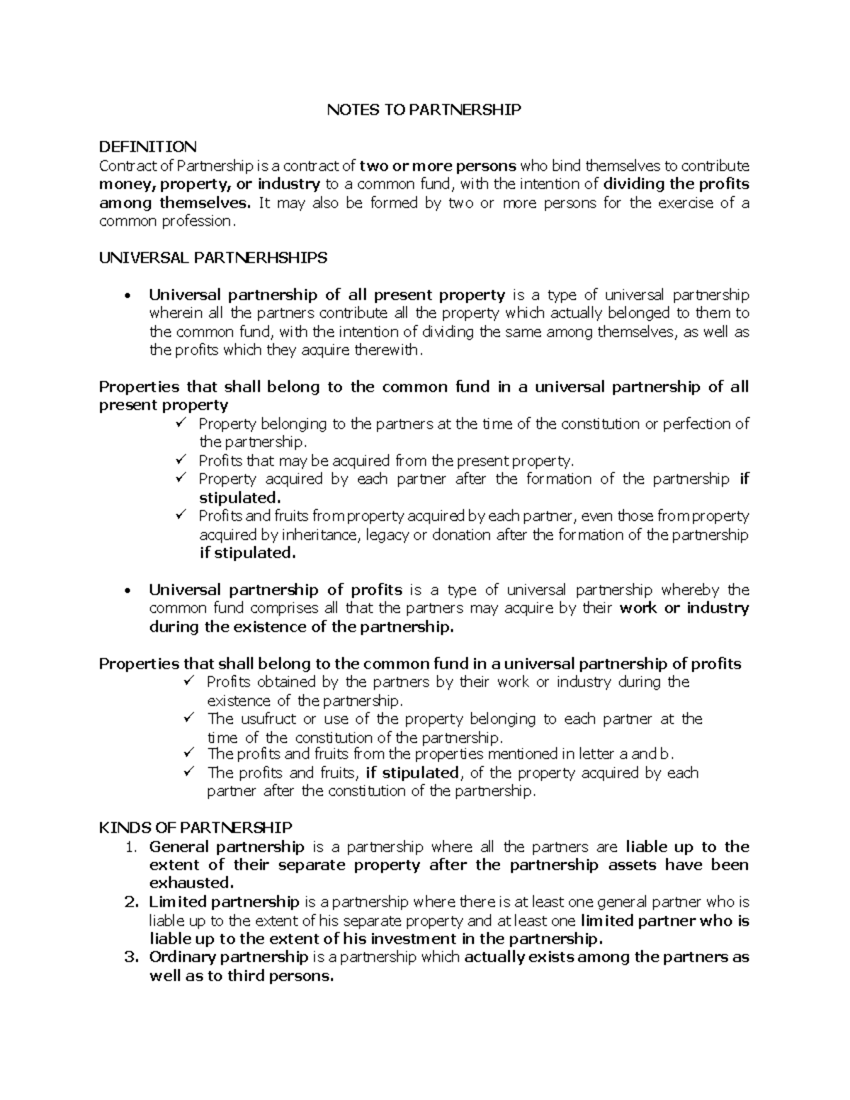 Notes-TO- Partnership - NOTES TO PARTNERSHIP DEFINITION Contract of ...