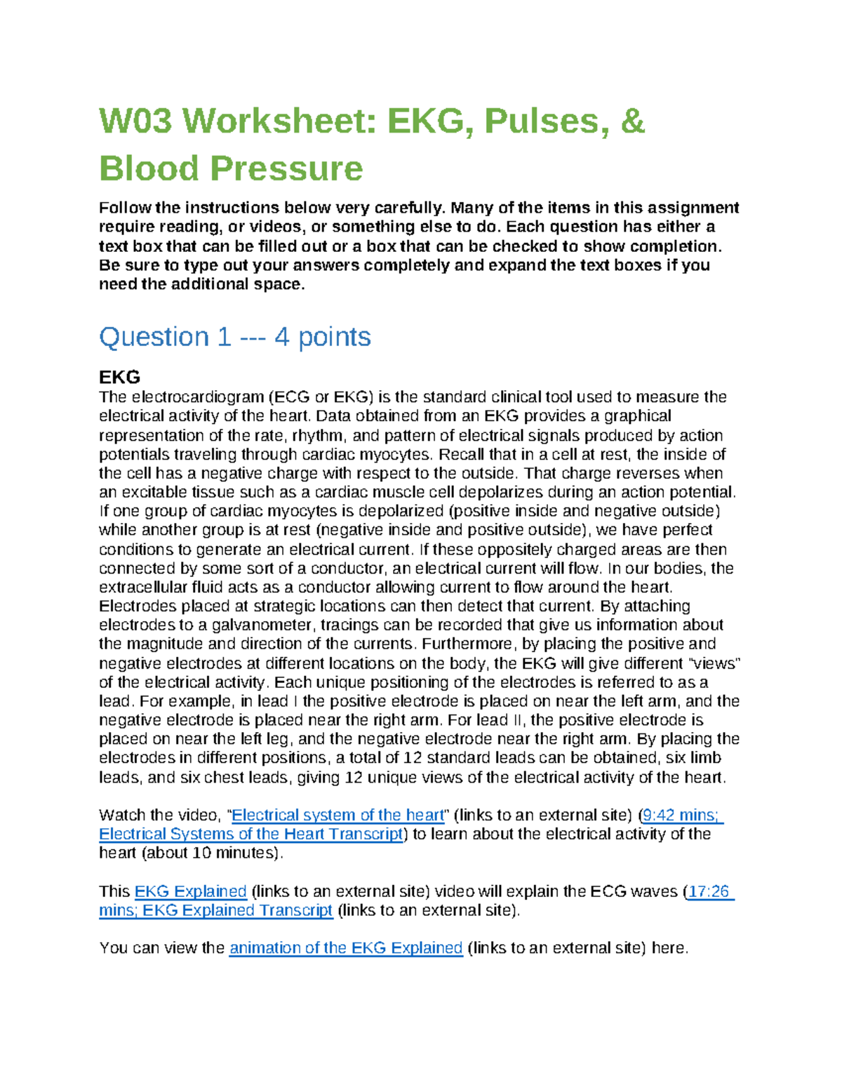 WORKSHEET WEEK 08 - W03 Worksheet: EKG, Pulses, & Blood Pressure Follow ...