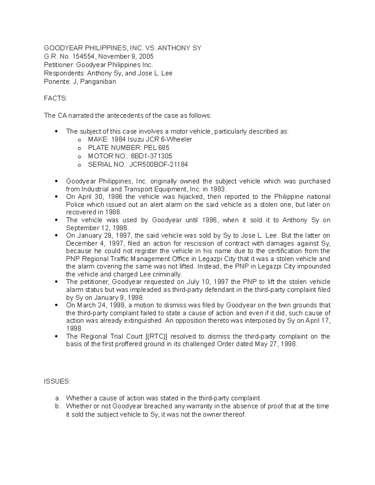 Sample CASE Digests - GOODYEAR PHILIPPINES, INC. VS. ANTHONY SY G. No ...