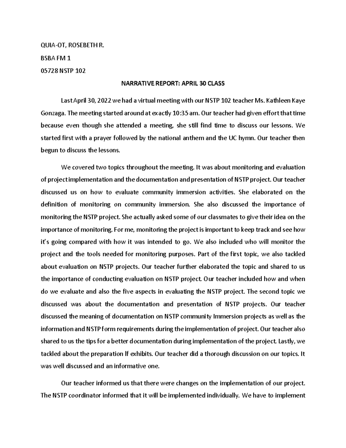 Narrative Report April 30 Class - QUIA-OT, ROSEBETH R. BSBA FM 1 05728 ...