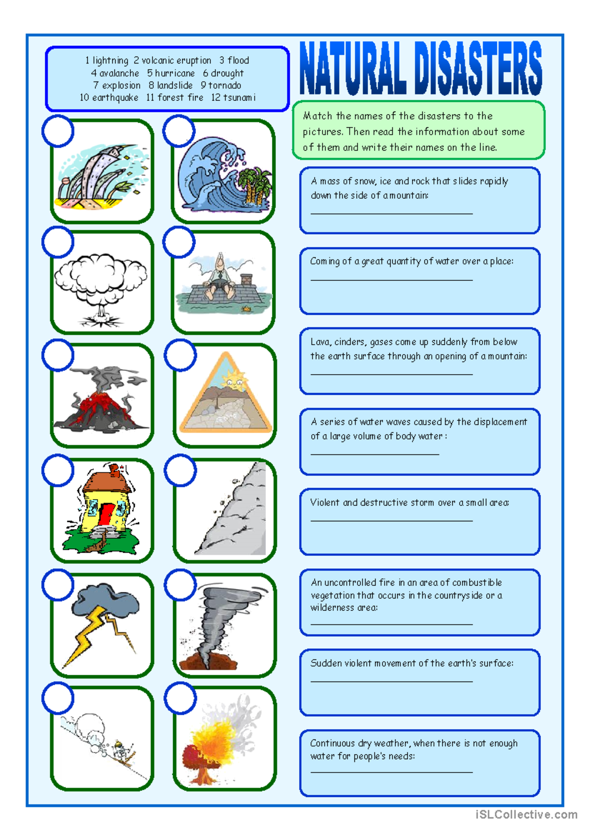 Natural Disasters Matching Exercises - Match the names of the disasters ...