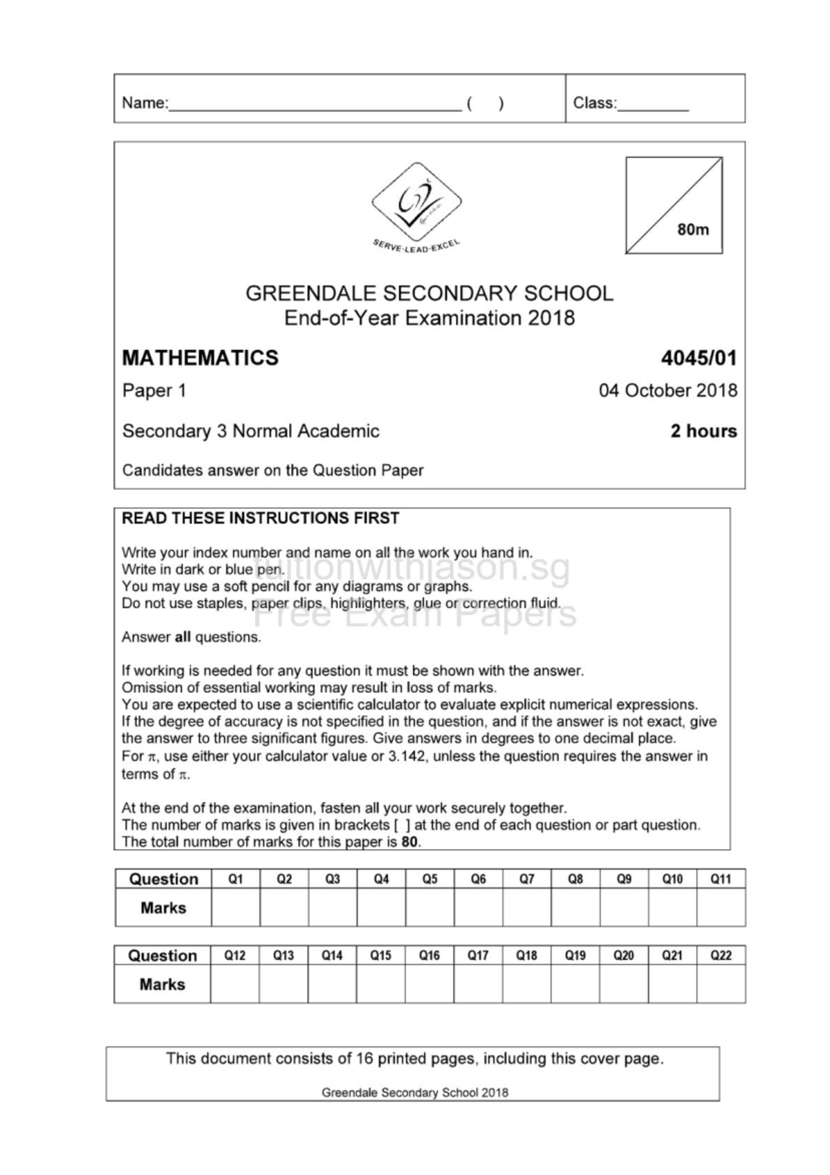E-Math - Sec 3 NA - SA 2 - 2018 - kranji sec - Name: ( ) Class: 80m ...
