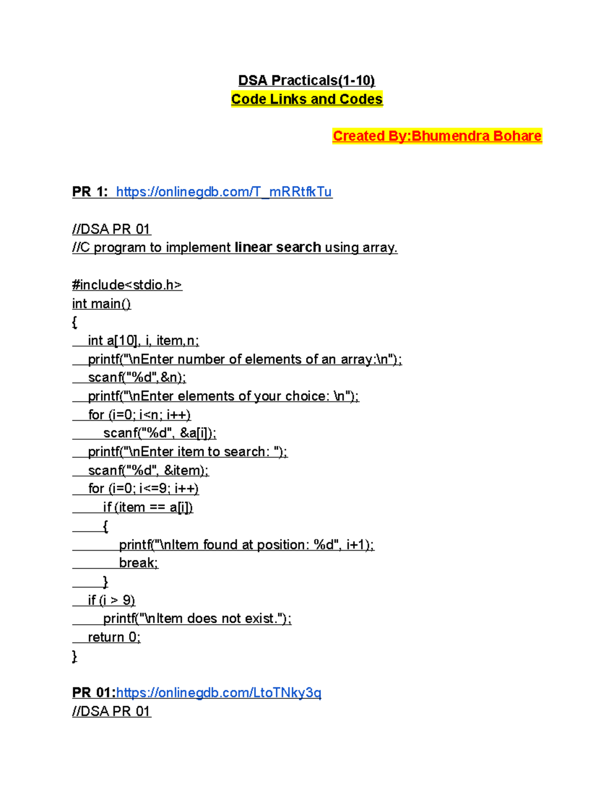 Dsa Practicals In Colleges Dsa Practicals1 10 Code Links And Codes Created Bybhumendra