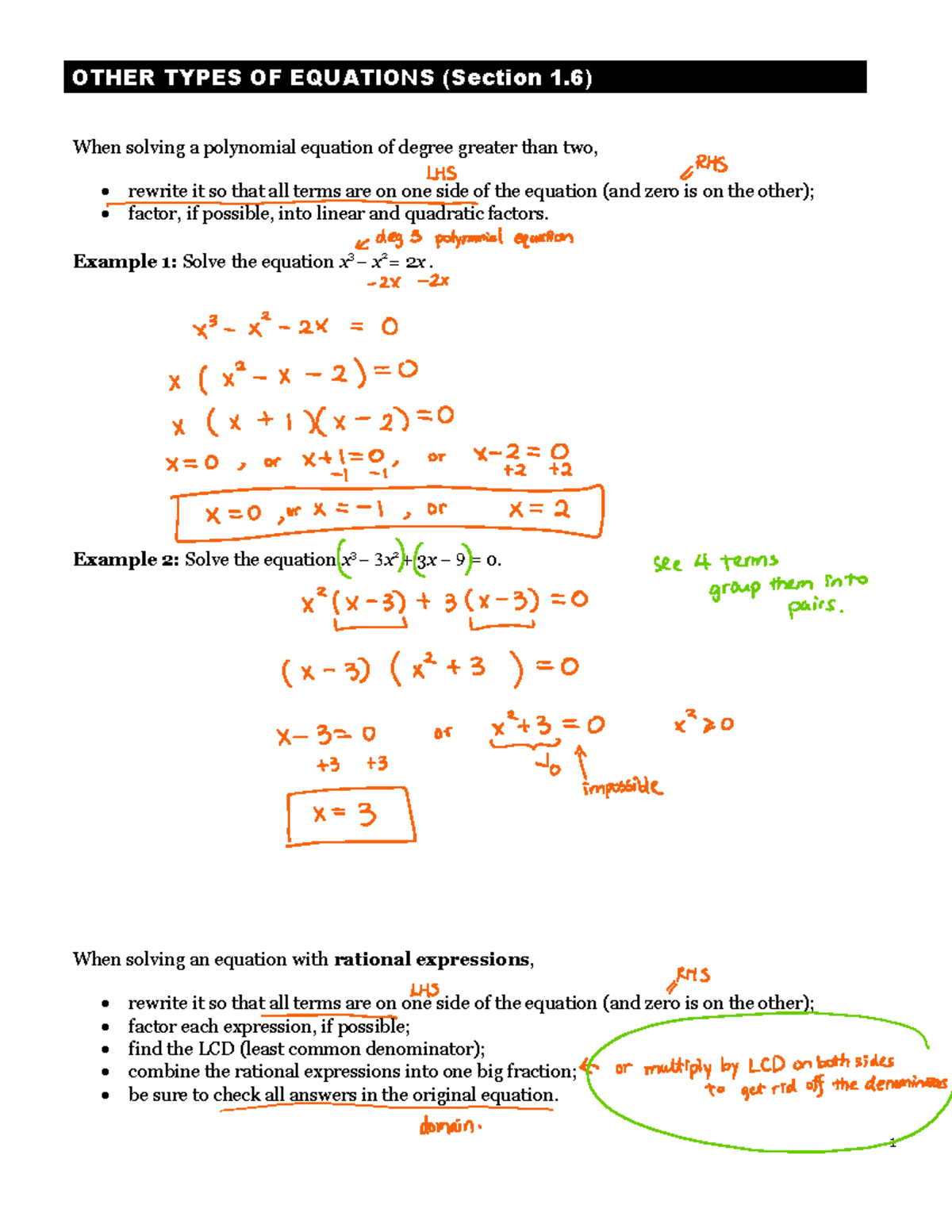 120 15F notes 1 - Chapter 1.6 Review - OTHER TYPES OF EQUATIONS ...