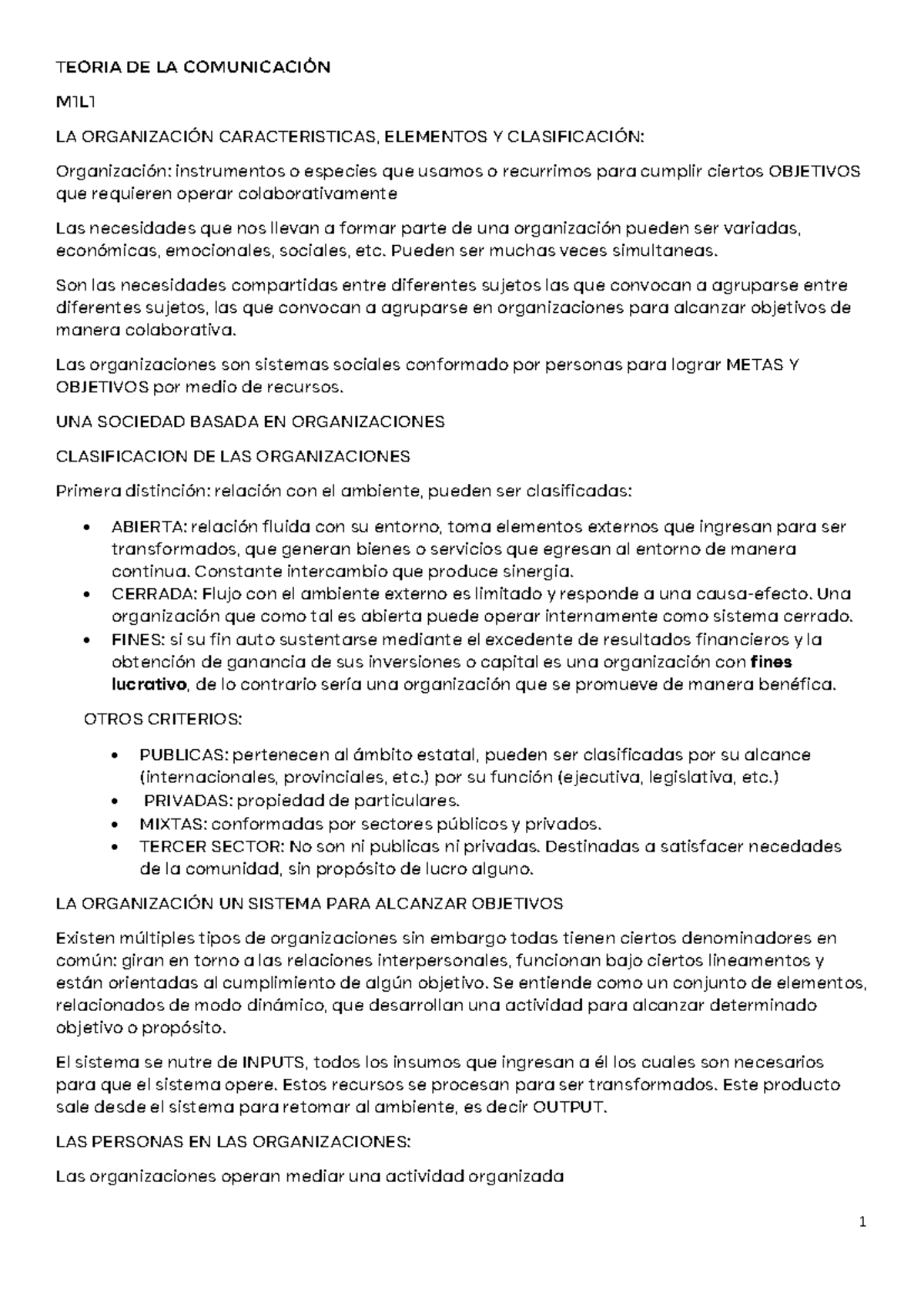 Resumen M1Y2 - TEORIA DE LA COMUNICACIÓN M1L LA ORGANIZACIÓN CARACTERISTICAS, ELEMENTOS Y - Studocu