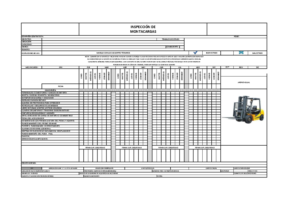 Formatos Check LIST - INSPECCIÓN DE MONTACARGAS COMPAÑÍA CONTRATISTA ... Formatos Check LIST - INSPECCIÓN DE MONTACARGAS COMPAÑÍA CONTRATISTA ...
