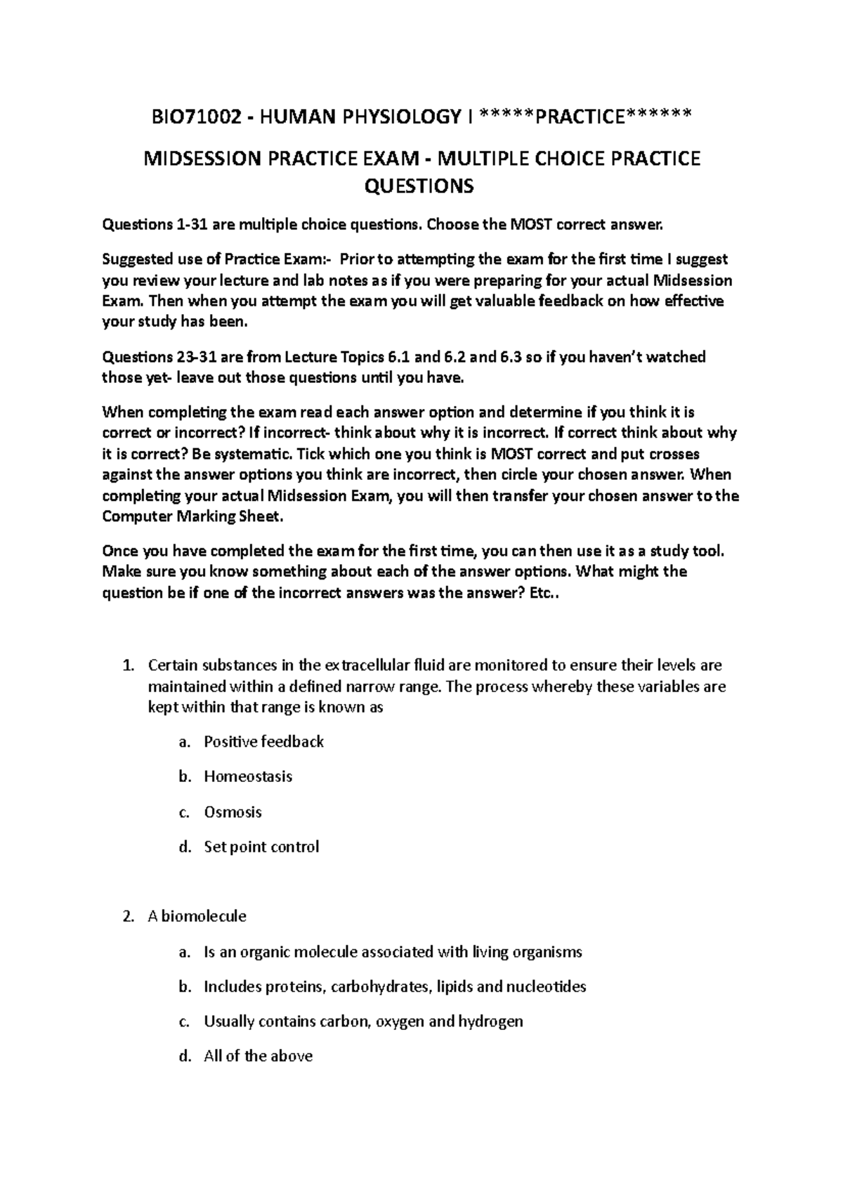19 S1 HP1 Practice MCQ Mid Exam - BIO71002 - HUMAN PHYSIOLOGY I ...