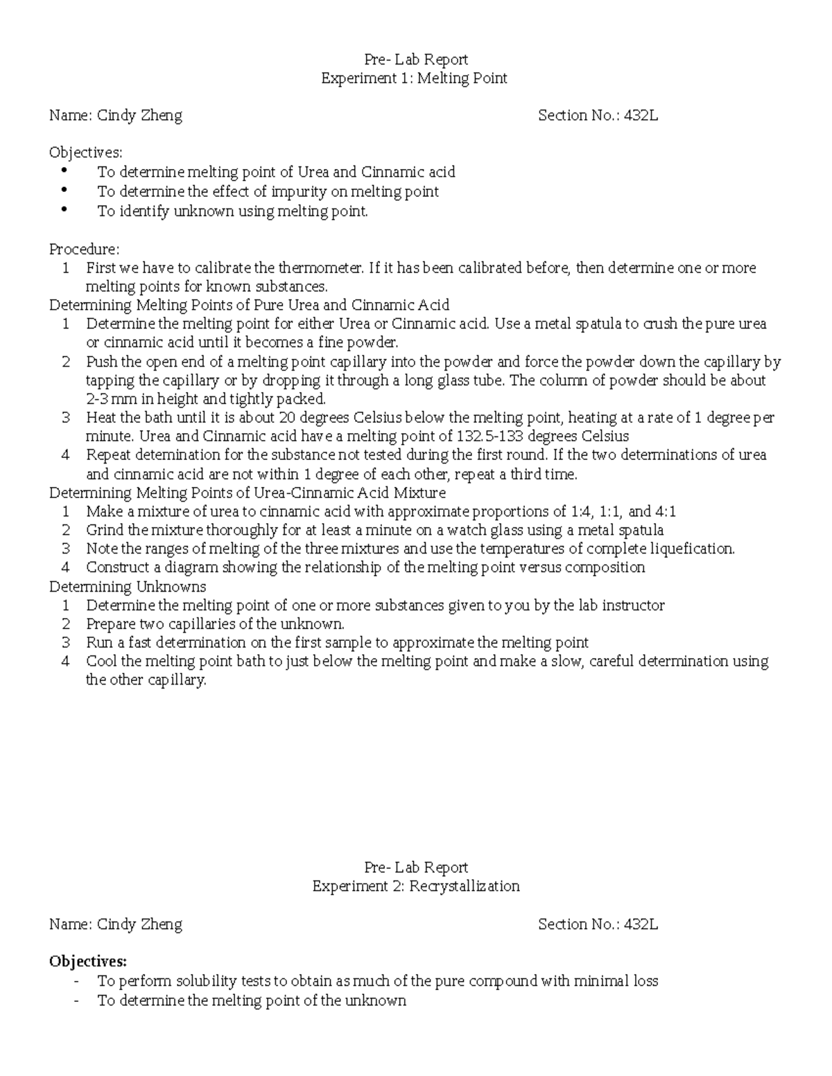 CHEM 2445 Pre labs .docx - Pre- Lab Report Experiment 1: Melting Point ...