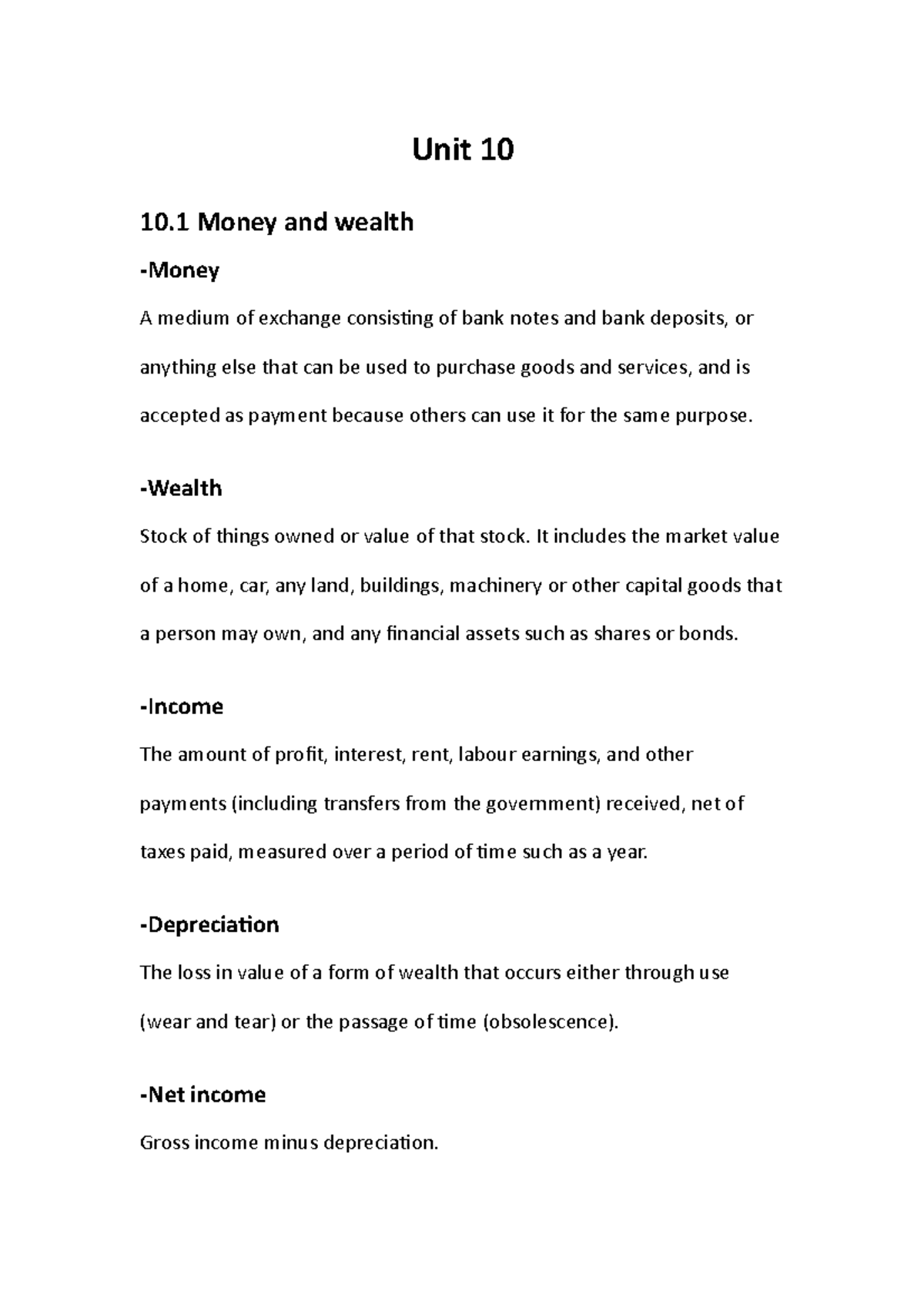 Unit 10 Bank - core - Unit 10 10 Money and wealth -Money A medium of ...