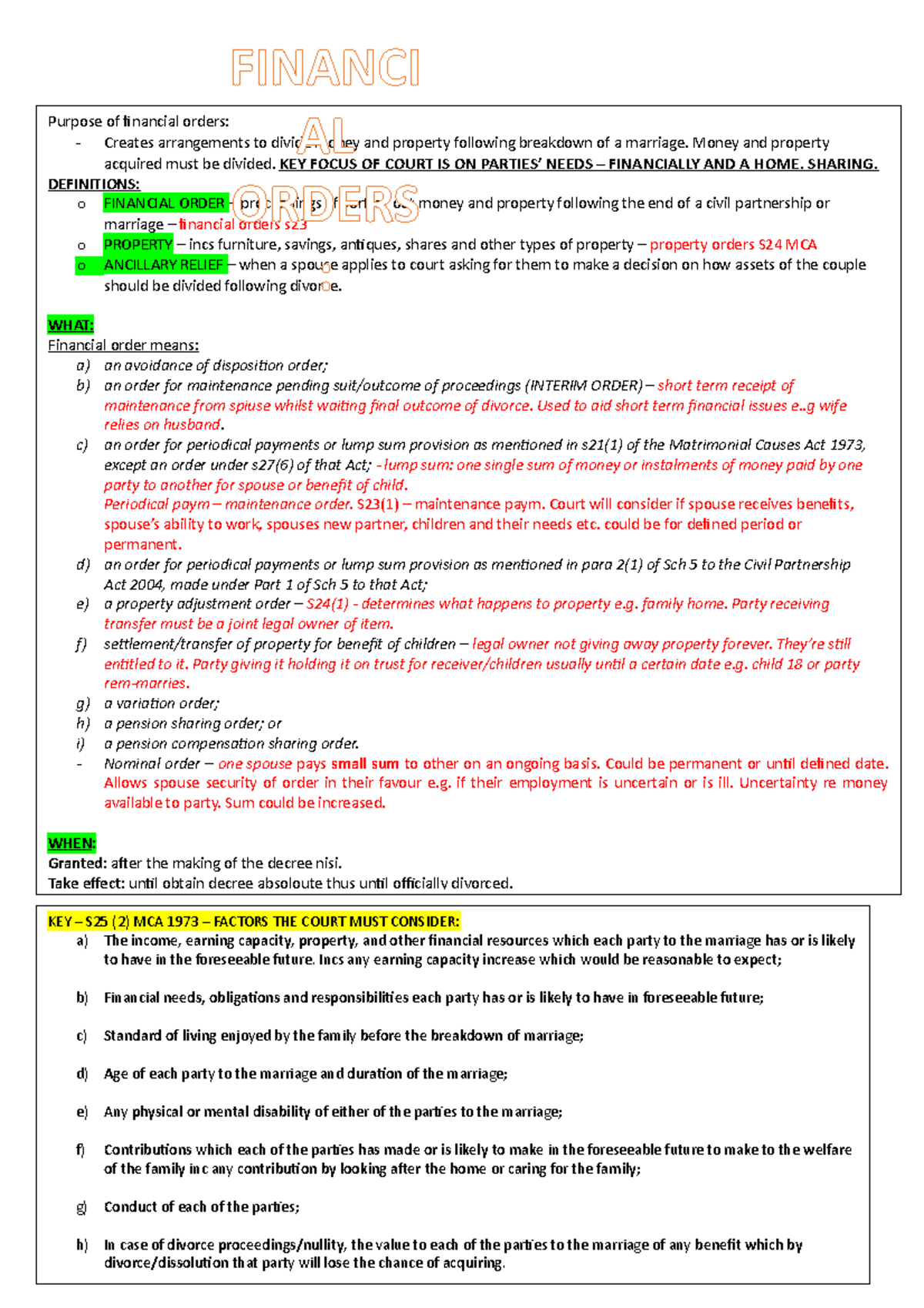 Financial Orders Divorce - Purpose of financial orders: - Creates ...