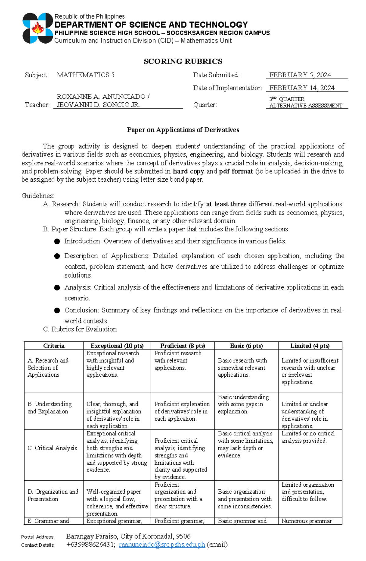 Paper on Application of Derivatives 1 - Republic of the Philippines ...