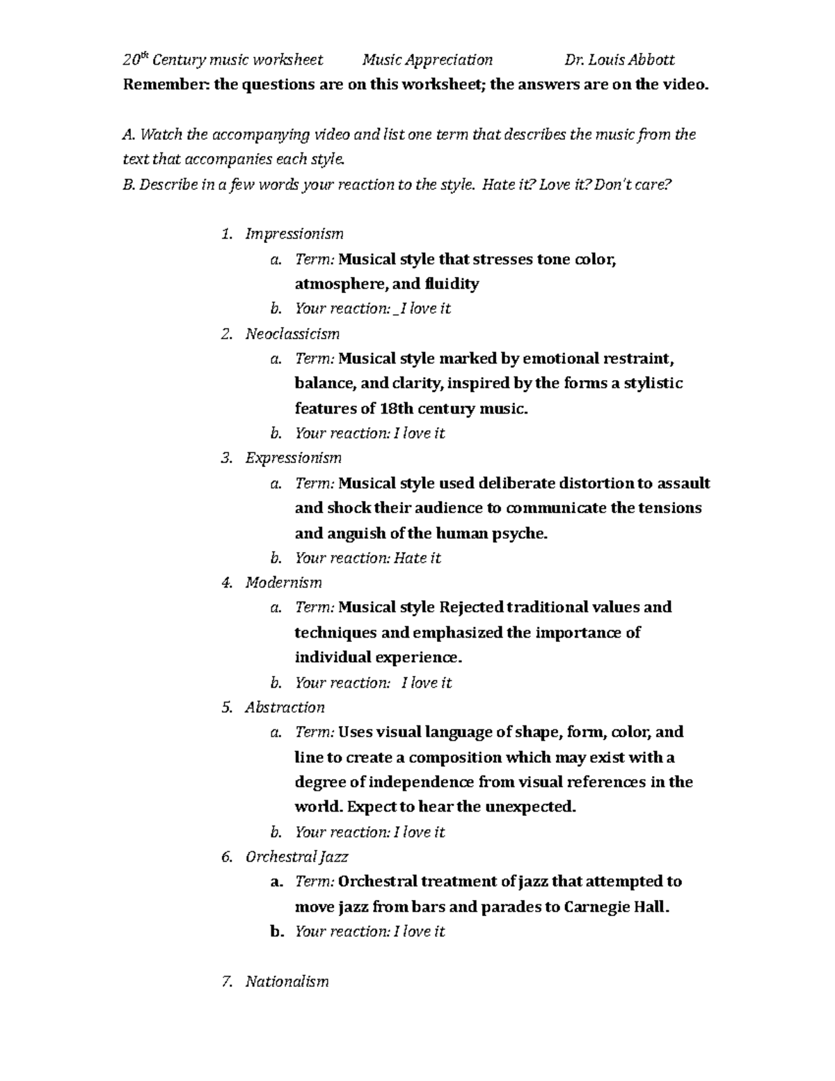 20th Century music worksheet SK Music Appreciation Dr - Deprecated API ...