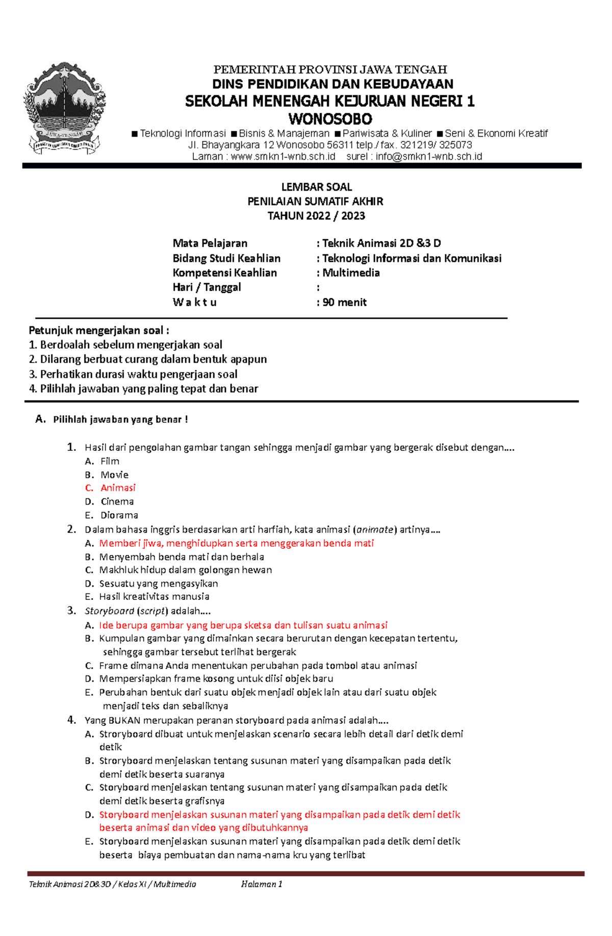 SOAL PSA Teknik Animasi 2D&3D XI MM 22-23 - PEMERINTAH PROVINSI JAWA TENGAH DINS PENDIDIKAN DAN ...
