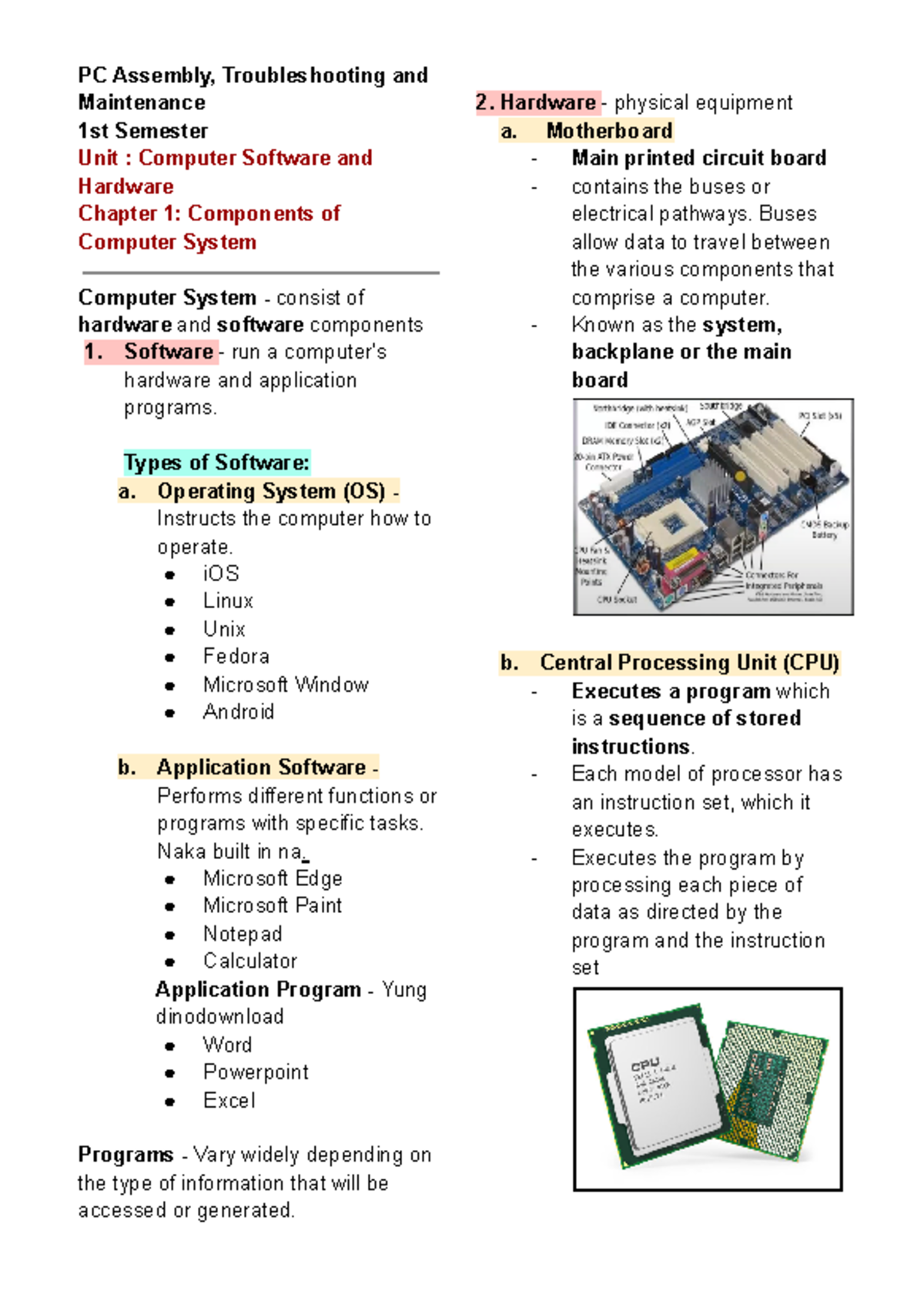 PC Assembly, Troubleshooting and Maintenance 1st Semester Prelim Reviewer - PC Assembly, - Studocu