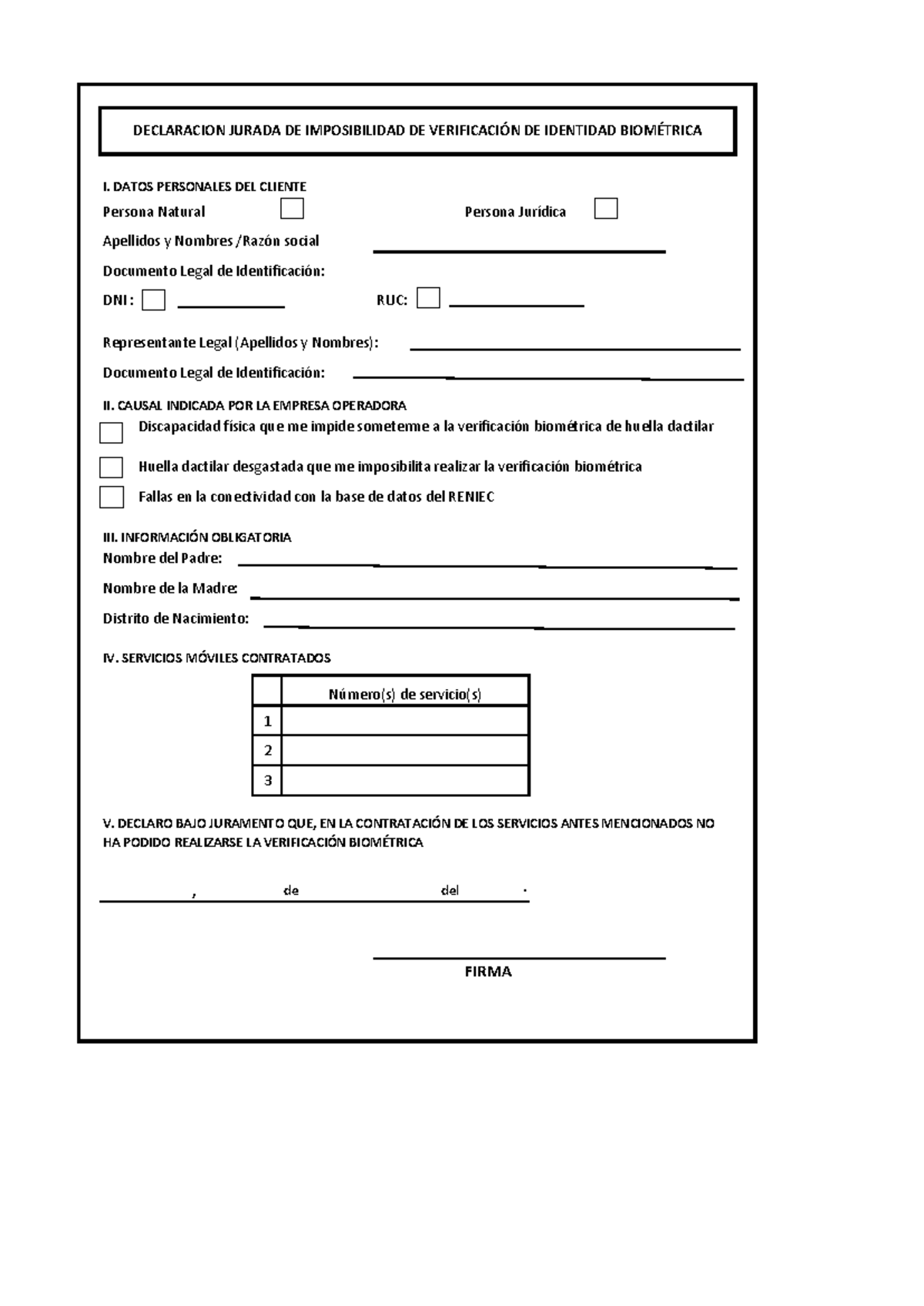 Declaracion Jurada DE Imposibilidad DE Verificación DE Identidad Biométr - I. DATOS PERSONALES ...