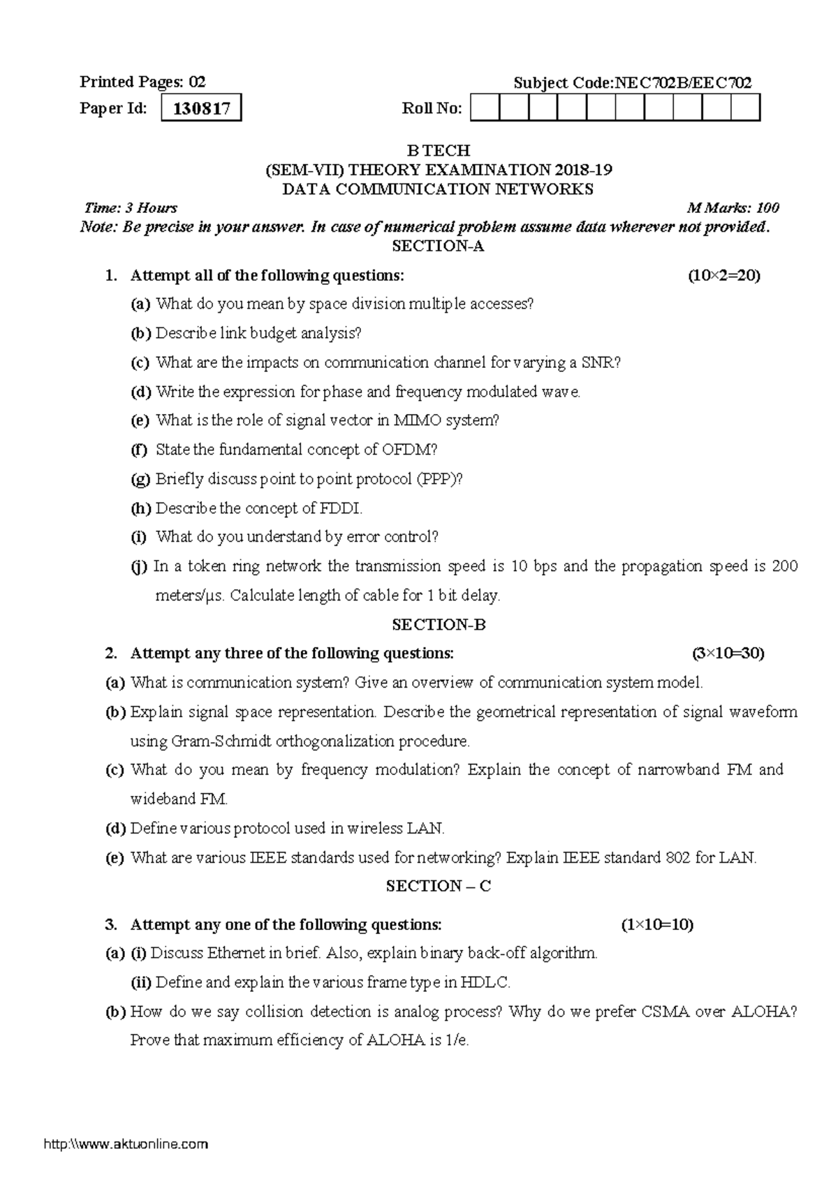 Btech ec 7 sem data communication networks nec 702 b 2019 - Printed Pages: 02 Subject - Studocu