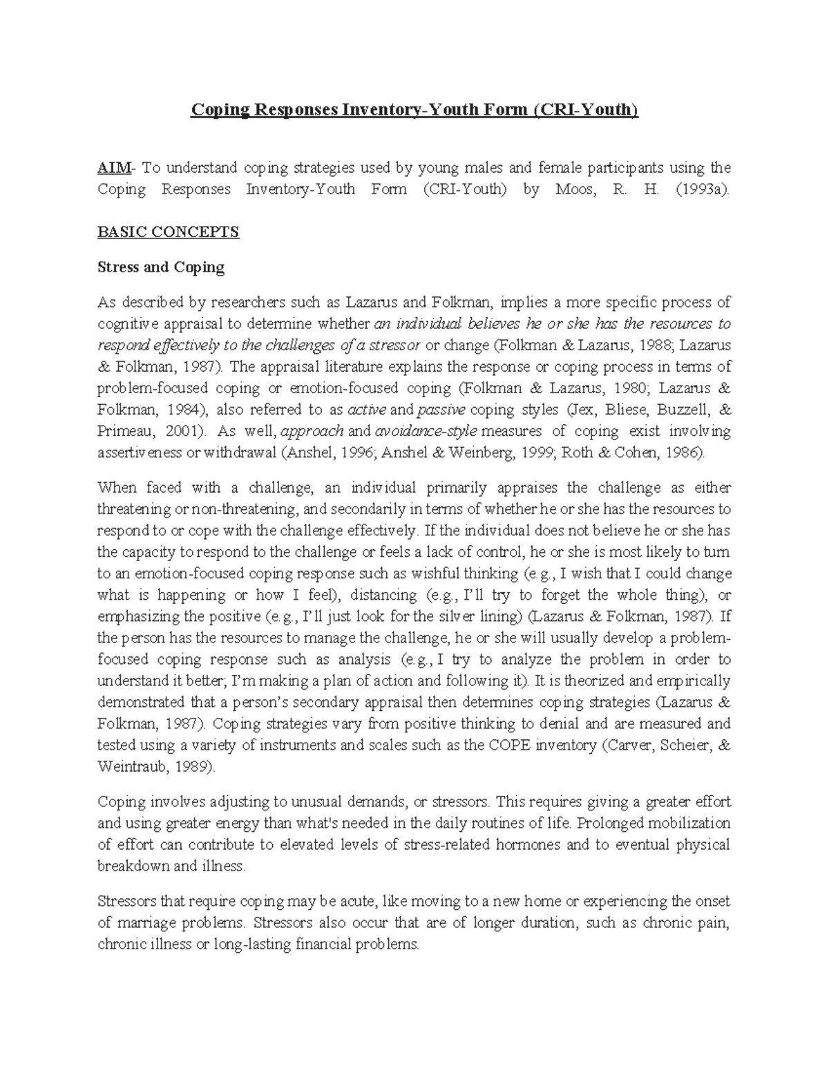 Coping response inventory - Coping Responses Inventory-Youth Form (CRI ...