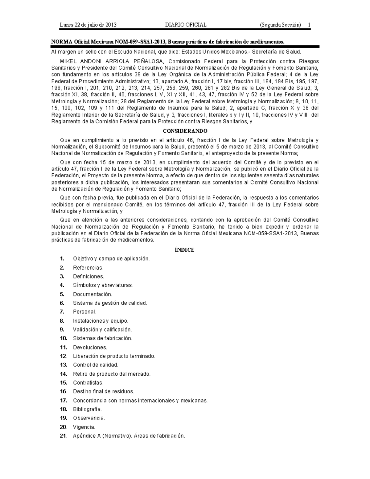 NOM 059 SSA1 2013 22 jul13 - Lunes 22 de julio de 2013 DIARIO OFICIAL ...