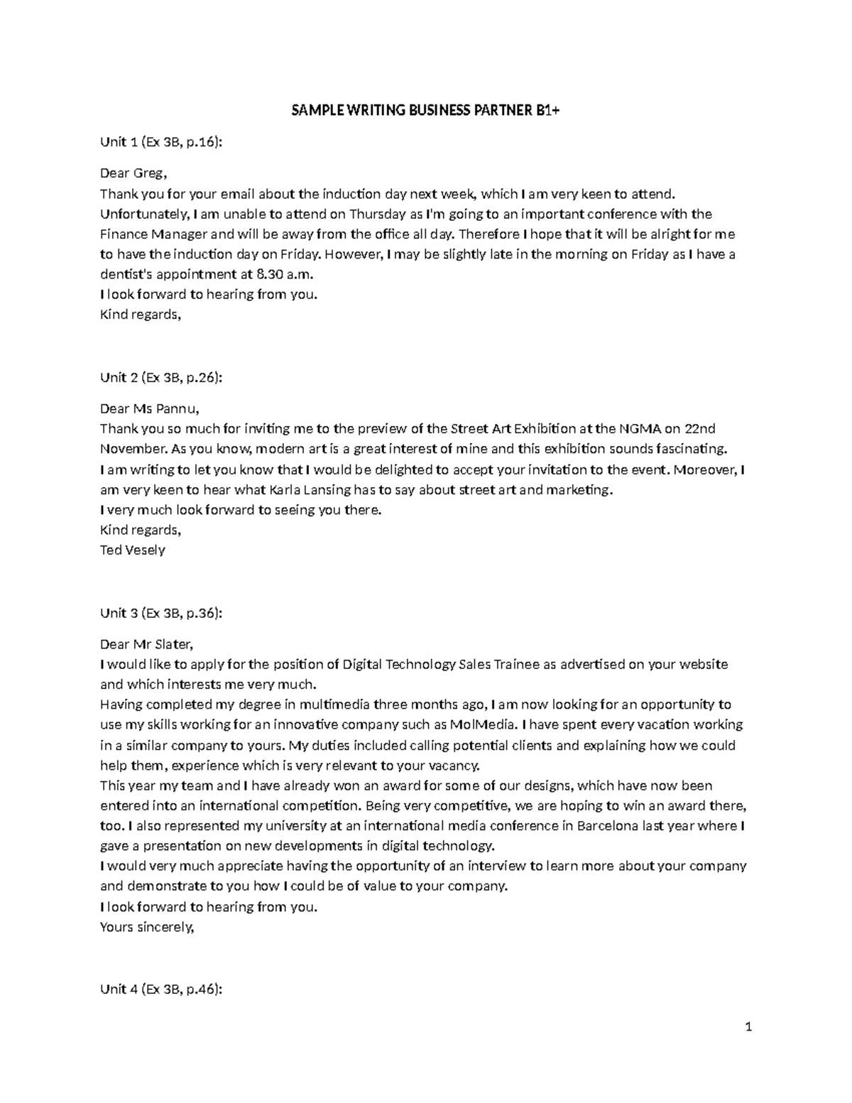 Sample writing - SAMPLE WRITING BUSINESS PARTNER B1+ Unit 1 (Ex 3B, p ...