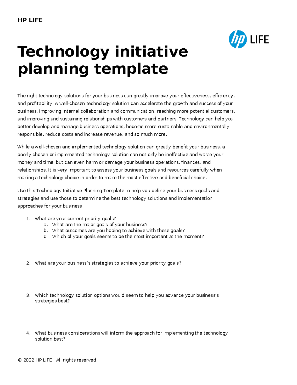 Downloadable C24 Technology initiative planning template - HP LIFE ...