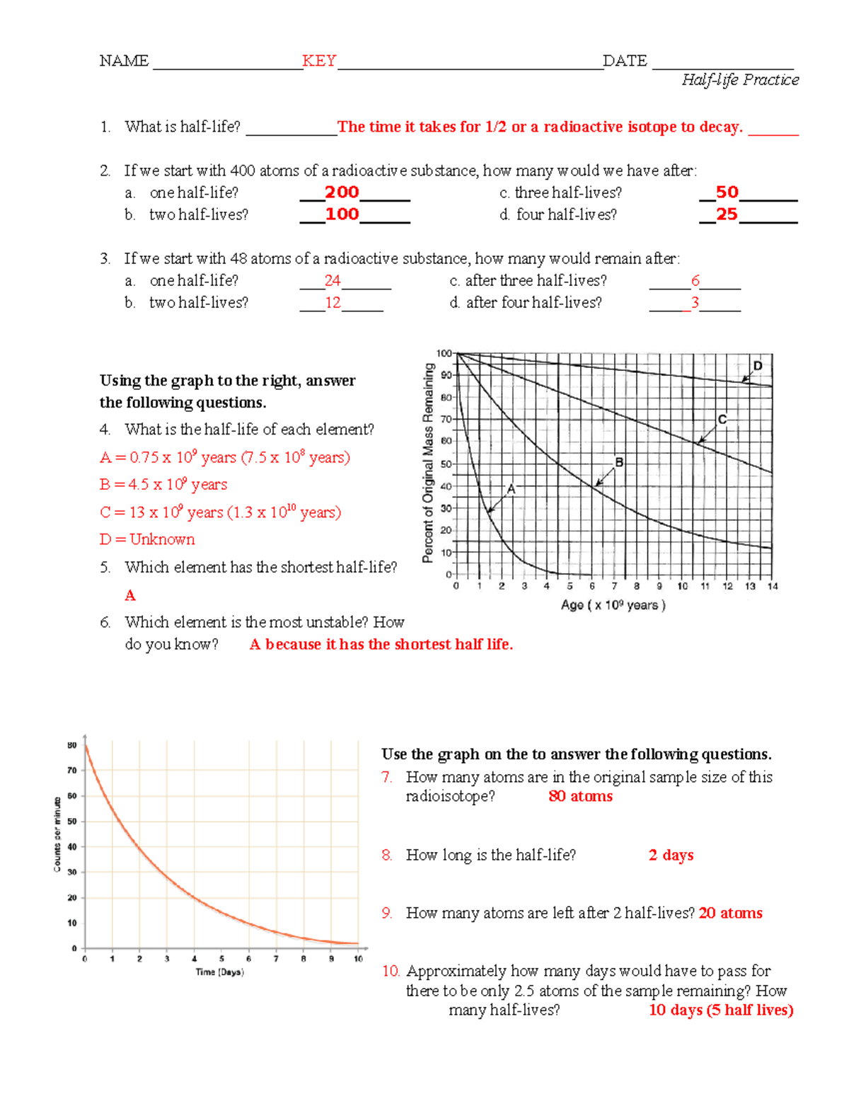 Half-life with graphs worksheet key - NAME __________________KEY