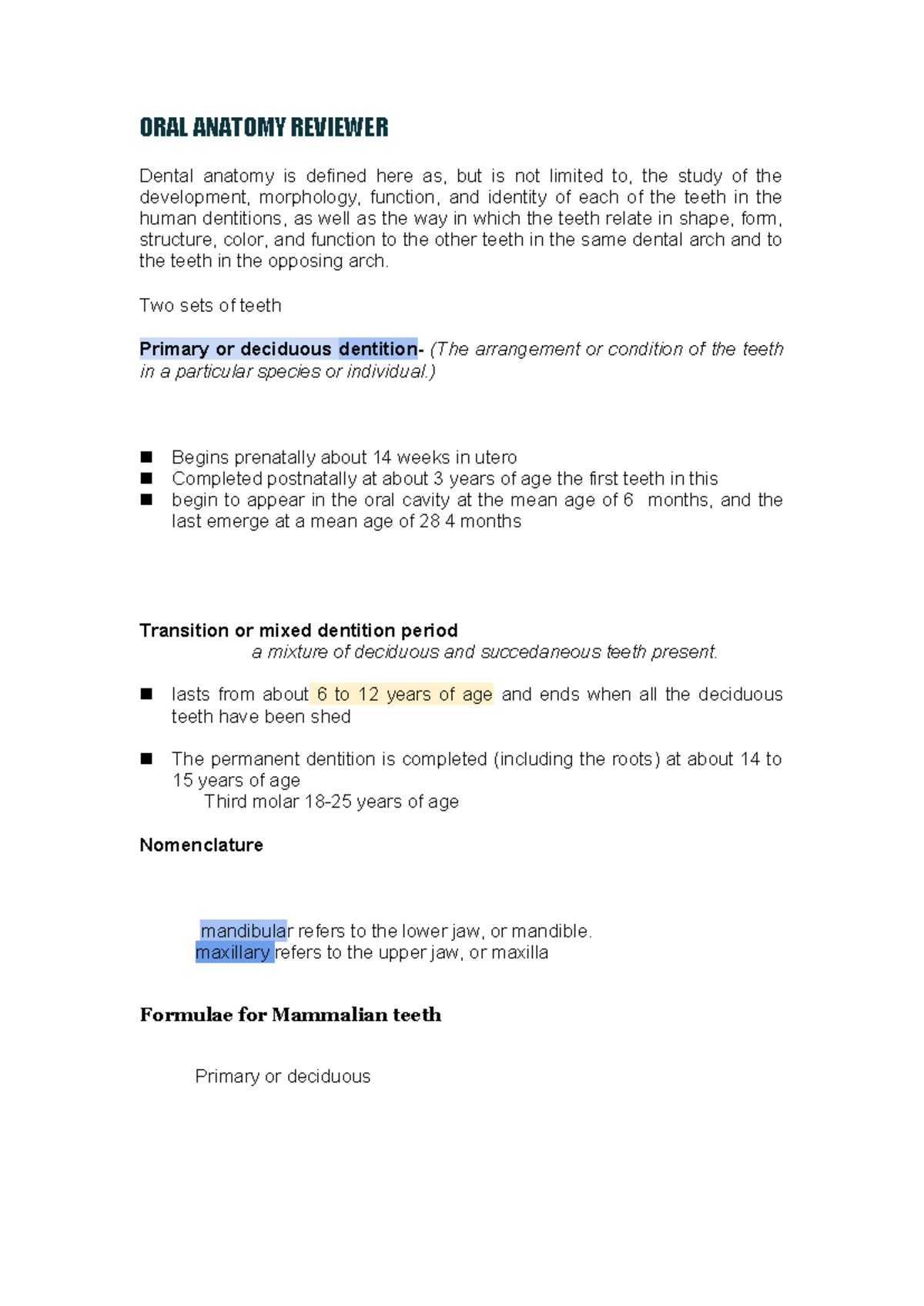 Oral Anatomy Reviewer - ORAL ANATOMY REVIEWER Dental anatomy is defined ...