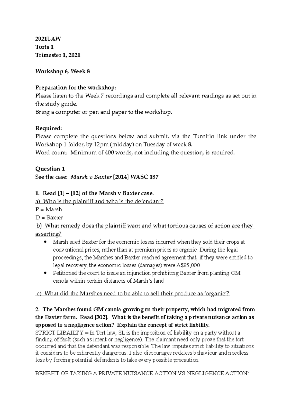 Workshop 6 Week 8 2021 - 2021LAW Torts 1 Trimester 1, 2021 Workshop 6, Week 8 Preparation for ...