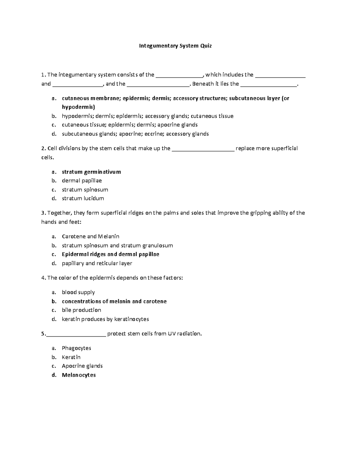 Integumentary System - Quiz - Integumentary System Quiz The ...