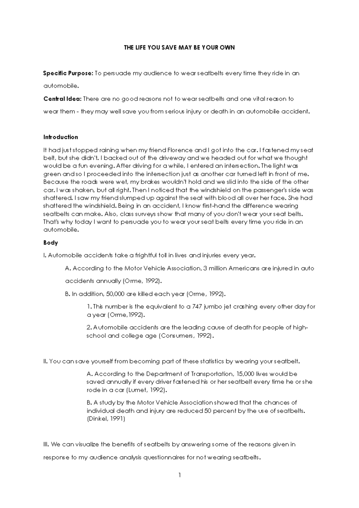 Sample Detailed Speech Outline for Persuasive Speech 2 - 1 THE LIFE YOU ...