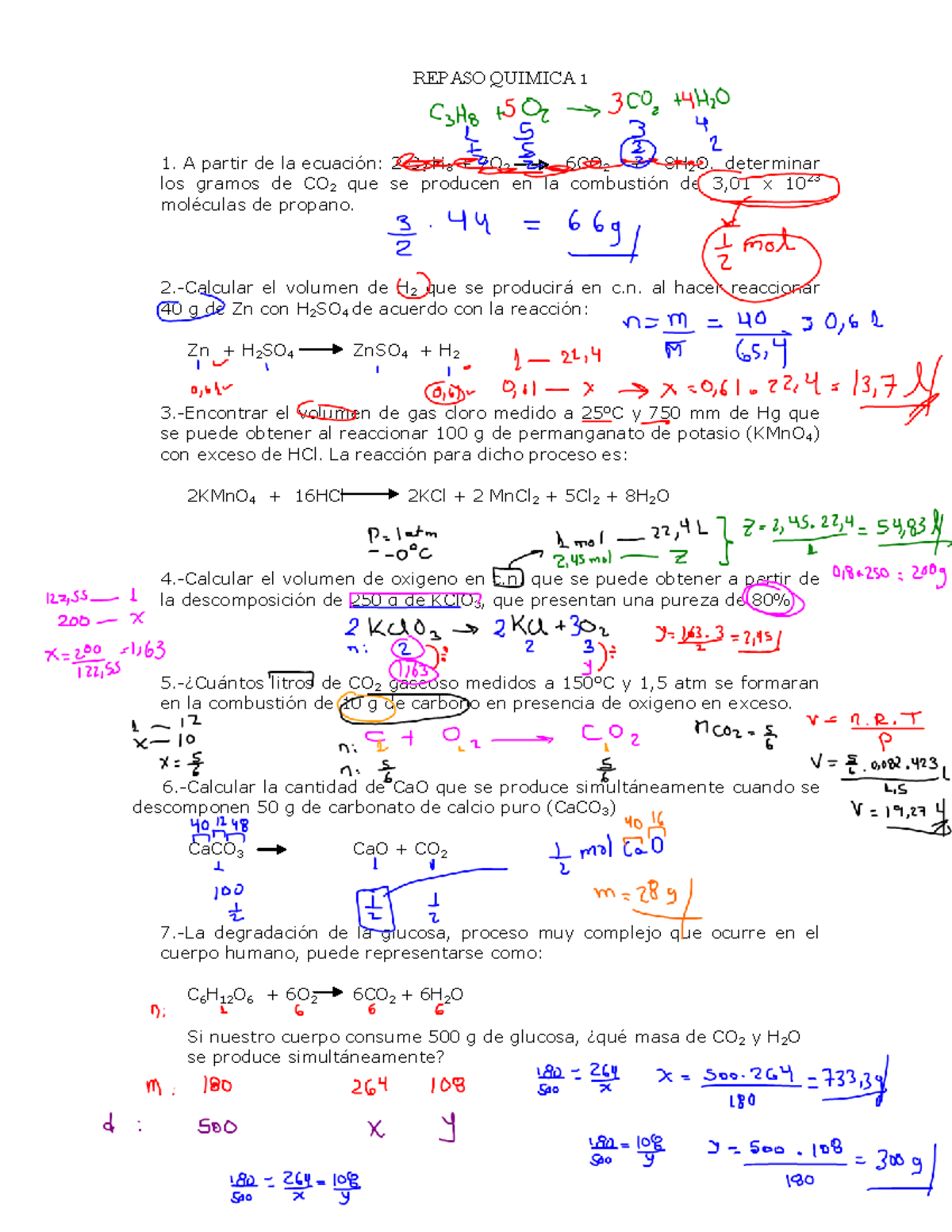Repaso QUIM 1 PC - rep - A partir de la ecuación: 2 C 3 H 8 + 7O 2 6CO ...