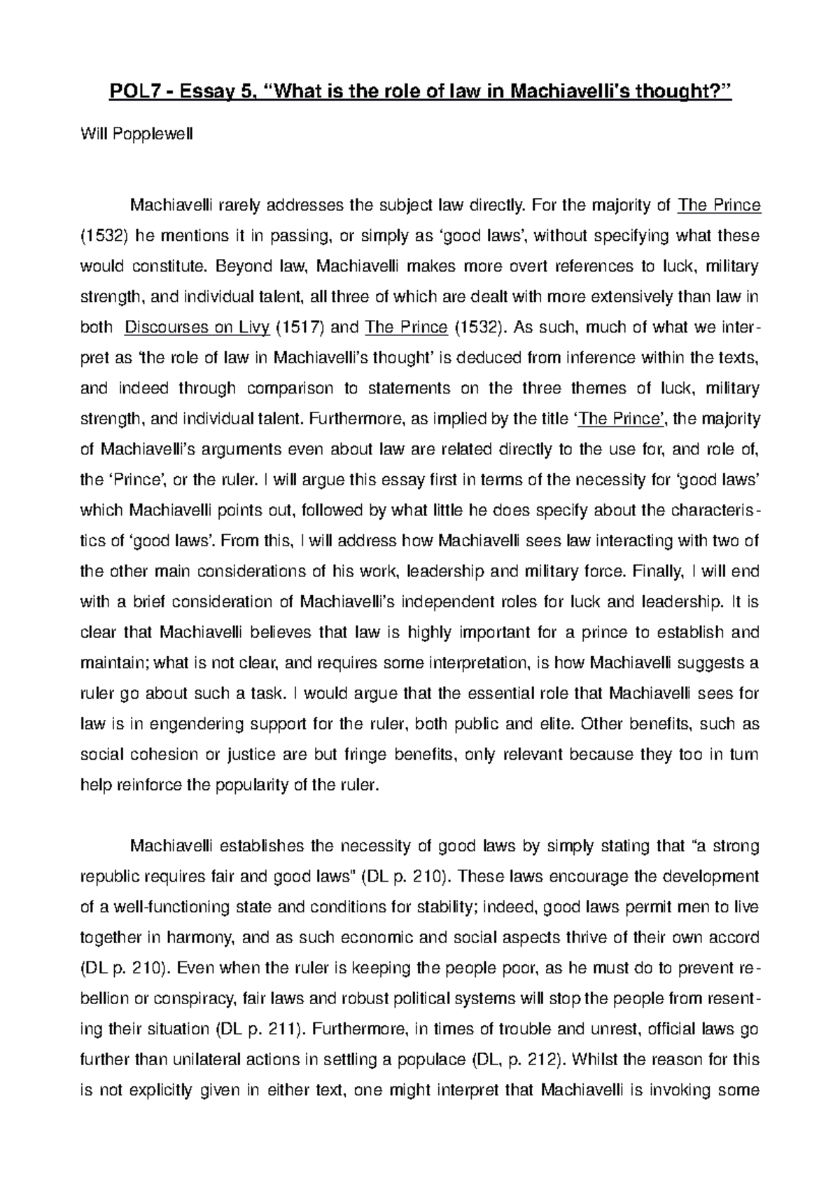 POL7 - Essay 5, “What is the role of law in Machiavelli's thought ...