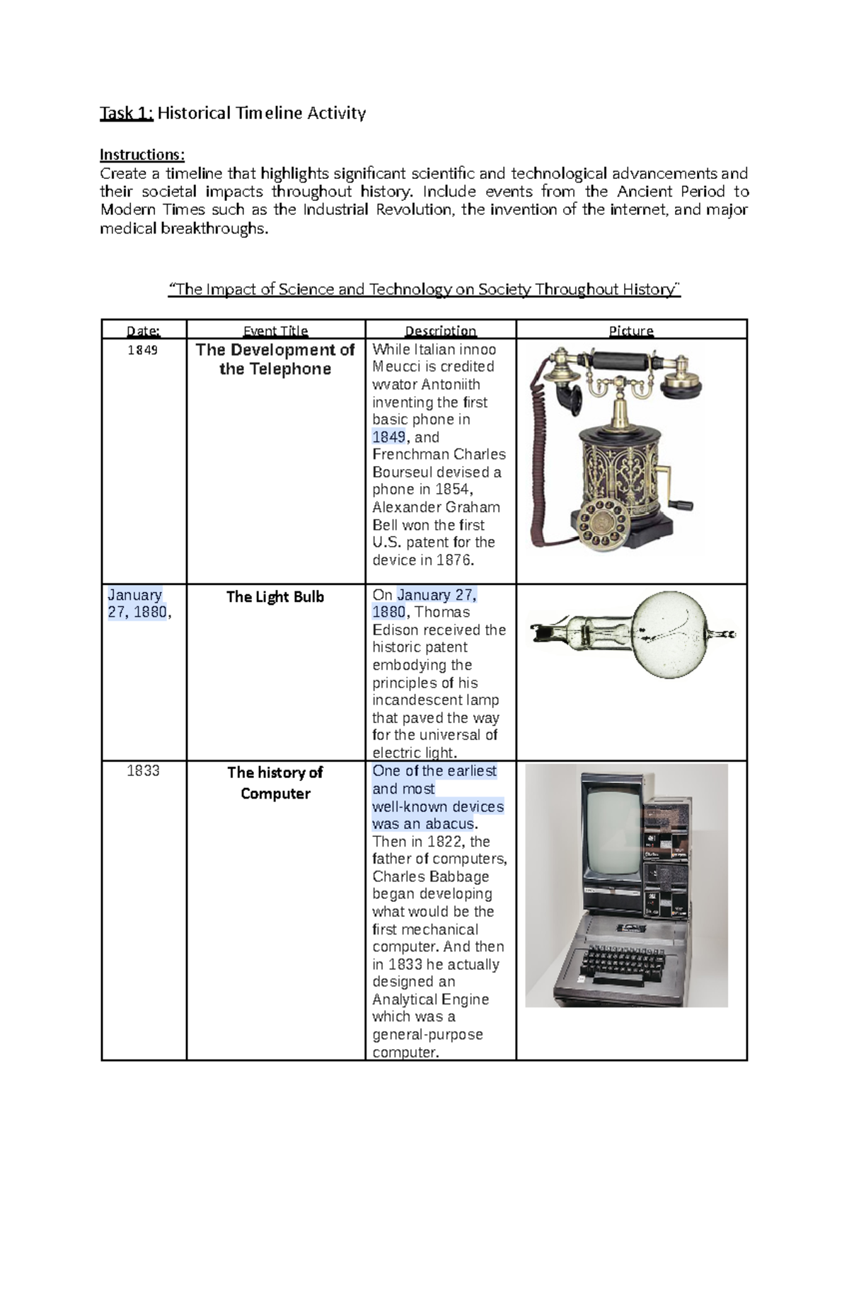 Historical activitity sts - Google Docs - Task 1: Historical Timeline ...