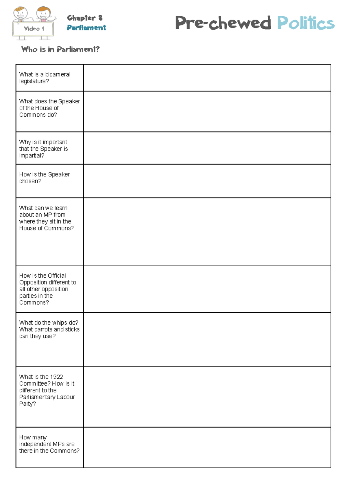 1 - who is in parliament worksheet - Video 1 Chapter 8 Parliament Pre ...