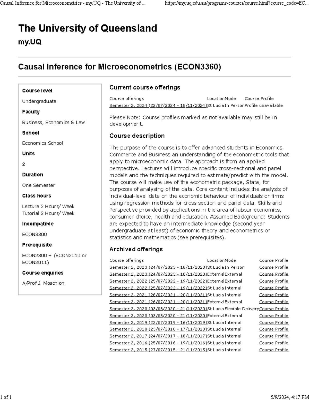 Causal Inference for Microeconometrics - my.UQ - The University of Queensland, Australia ...