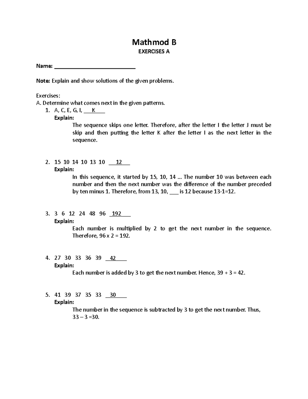Mathmod A Exercises A-2 - Mathmod B EXERCISES A Name ...