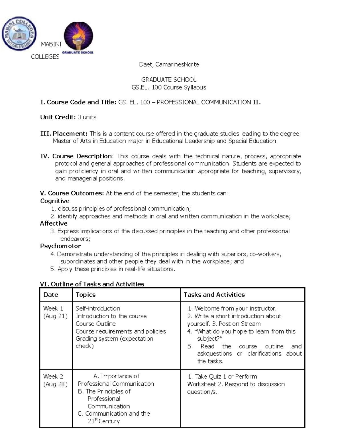GS-EL-100 Course Outline - MABINI COLLEGES Daet, CamarinesNorte ...