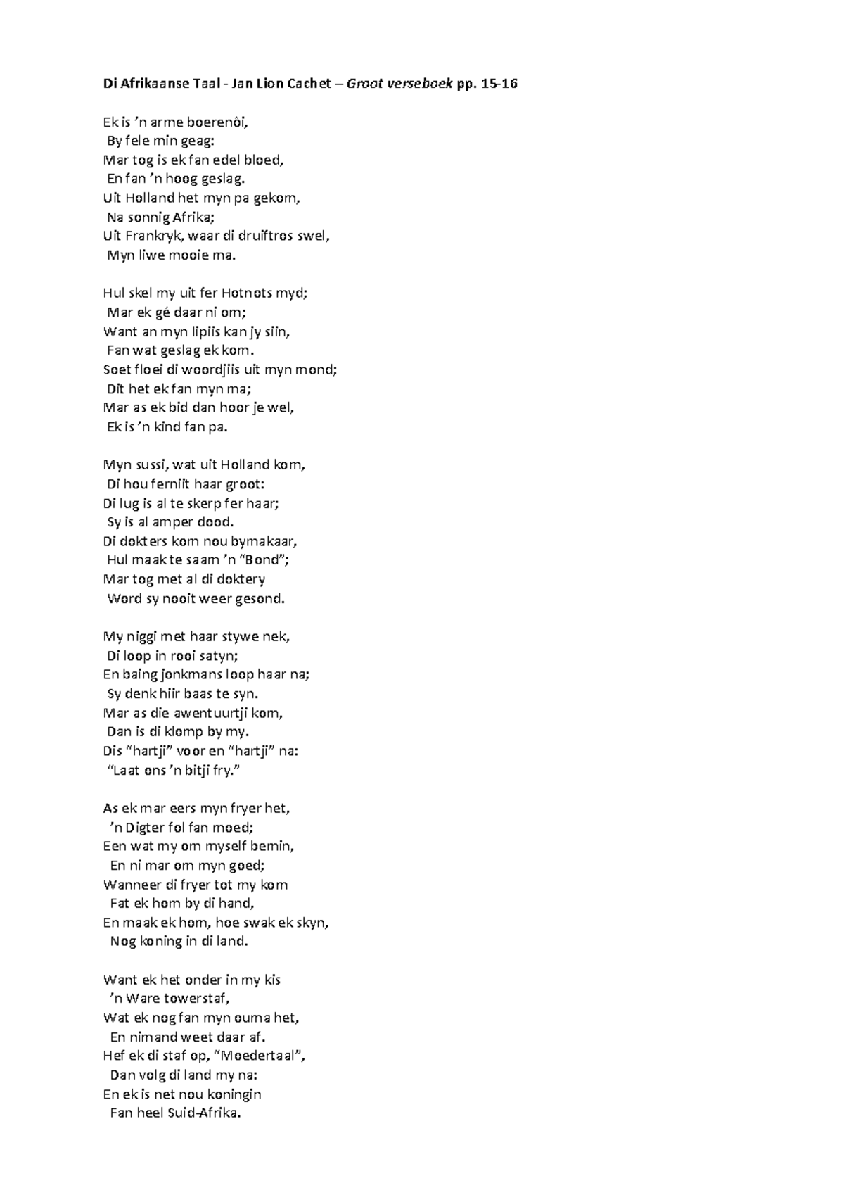 Di Afrikaanse taal - GEDIG - Di Afrikaanse Taal - Jan Lion Cachet ...