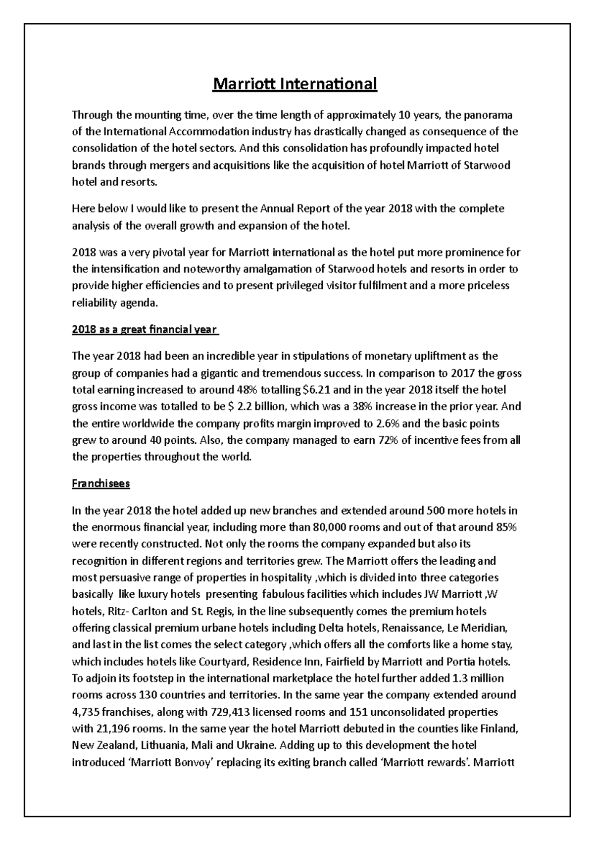 Marriott International Annual Report 2018: Growth Expansion and Success ...