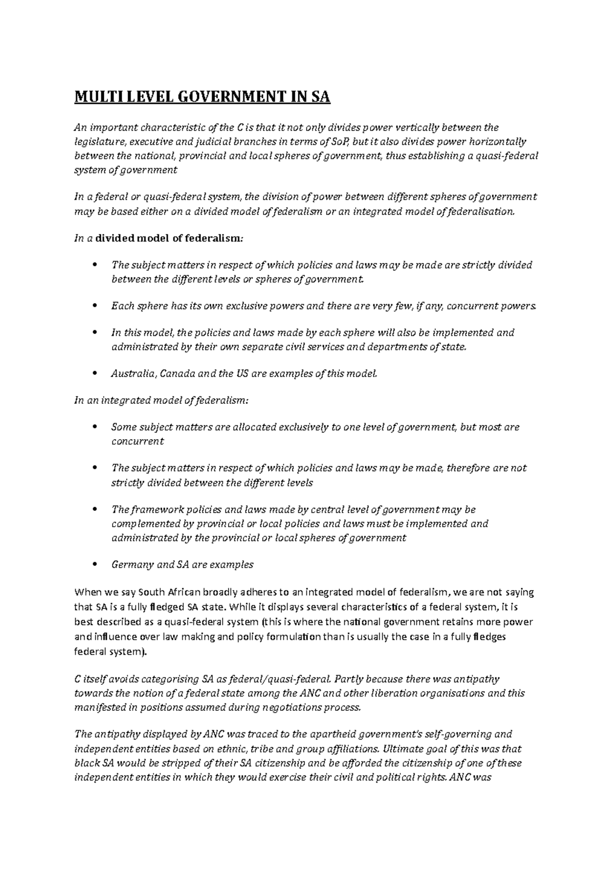 Multi Level Government IN SA - MULTI LEVEL GOVERNMENT IN SA An ...