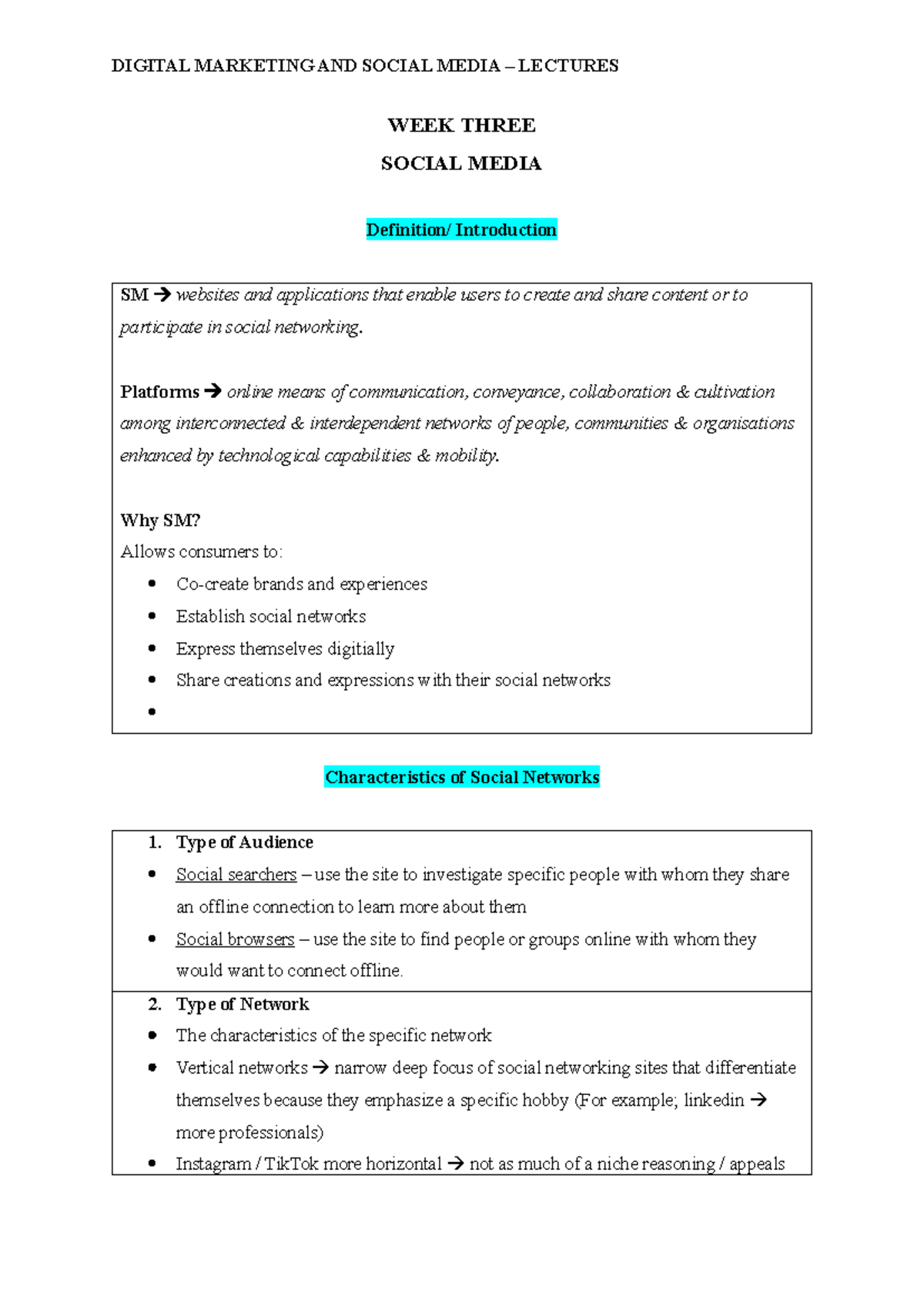 WEEK Three - Notes - WEEK THREE SOCIAL MEDIA Definition/ Introduction ...