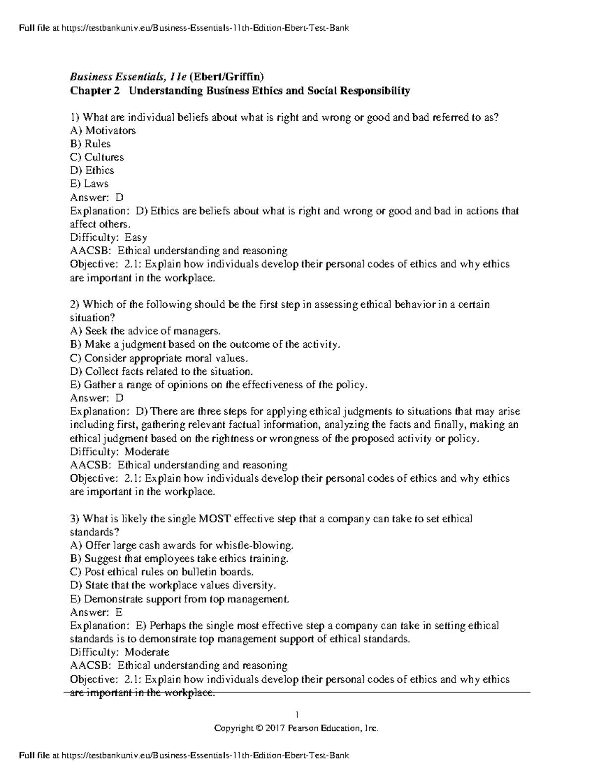 Business Essentials 11th Edition Ebert T - 1 Copyright © 2017 Pearson ...