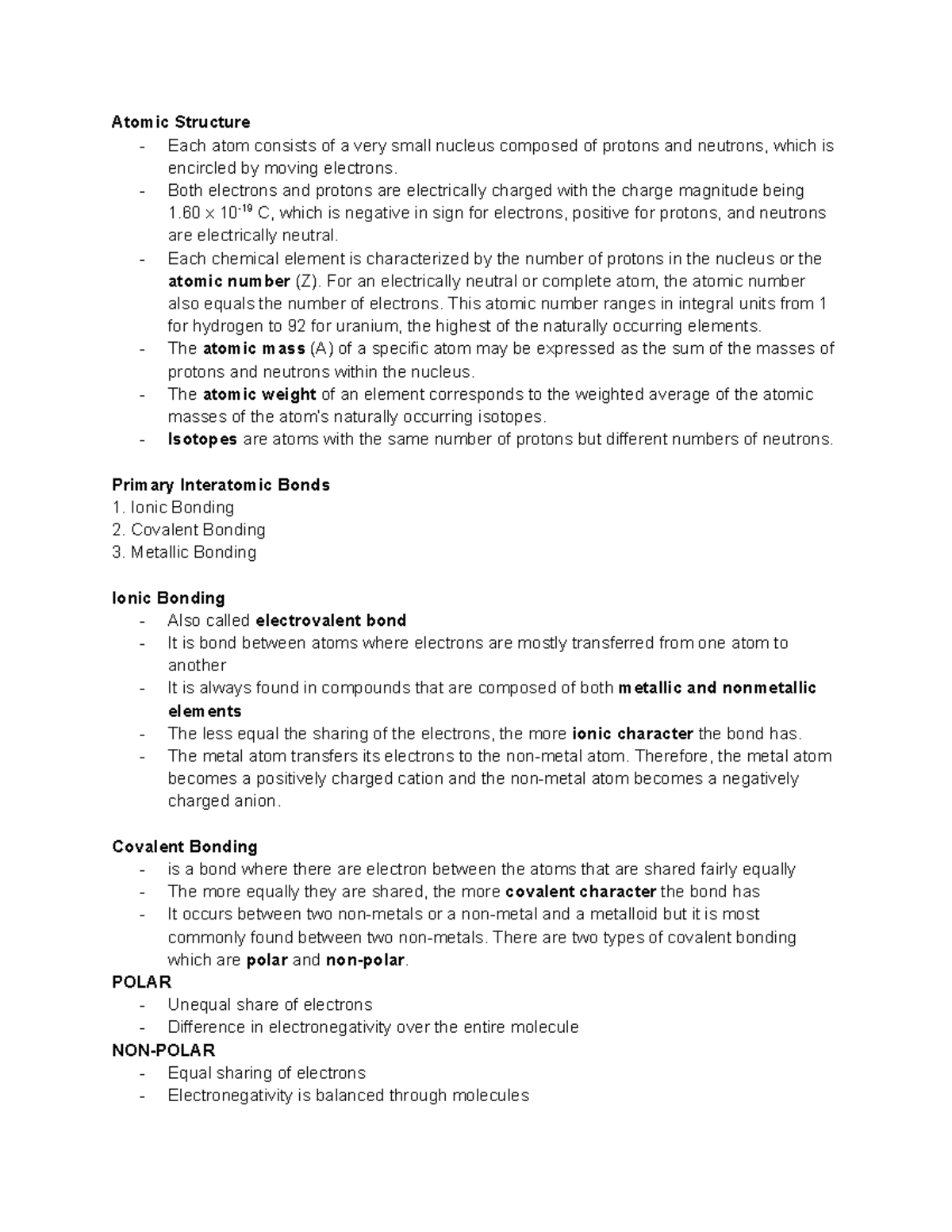 MSE - This is for midterm exam - Atomic Structure - Each atom consists of a very small nucleus ...