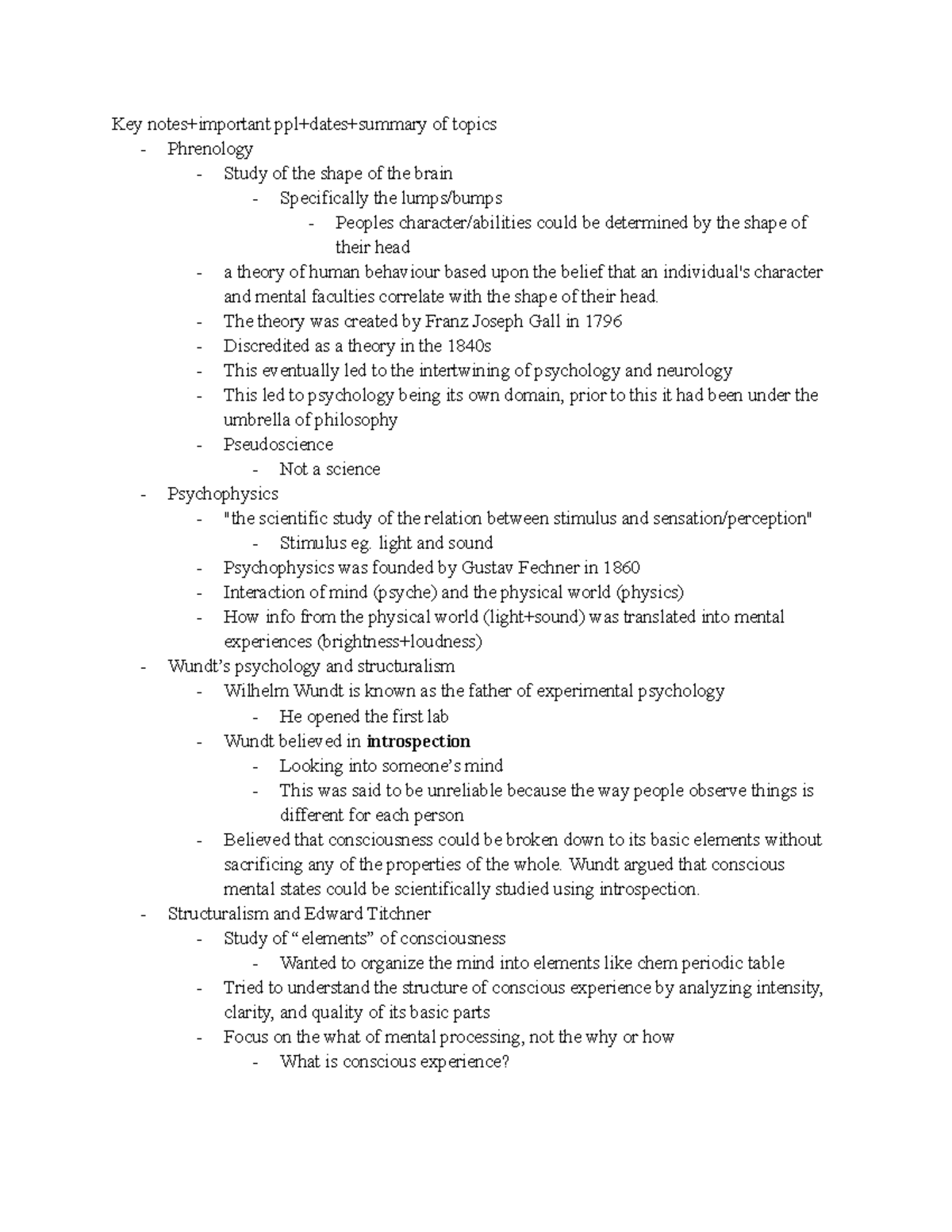 History of psychology - Key notes+important ppl+dates+summary of topics ...